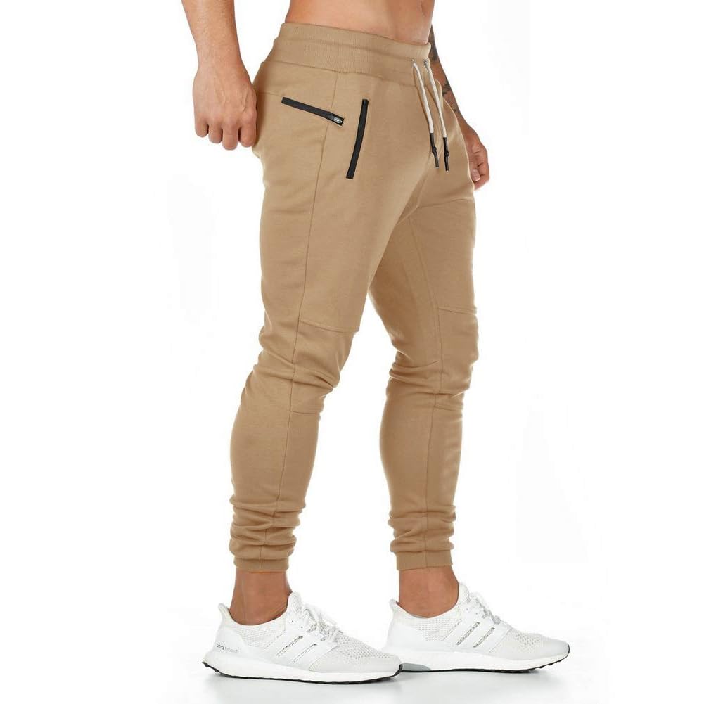 AOTORR Men's Slim Fit Joggers Casual Slim Sweatpants Workout Running Track Pants with Zipper Pockets Khaki L