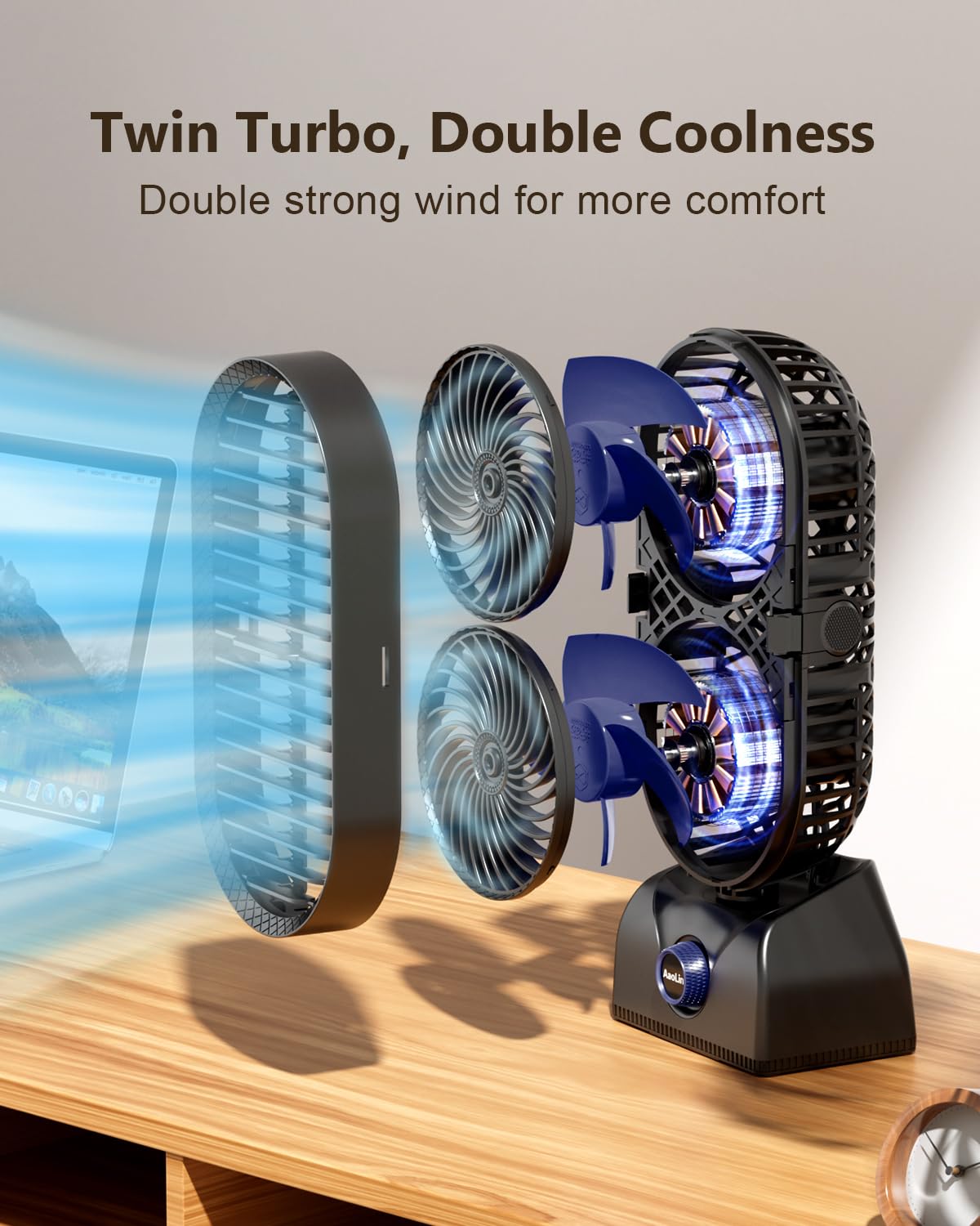 AaoLin Desk Tower Fan, 10000mAh Rechargeable Oscillating, Max Last 30Hrs, 11'' Portable Table Fan, 120° Oscillation for Powerful Circulation, Stepless Speed, Quiet for Home Bedroom Office Outdoor