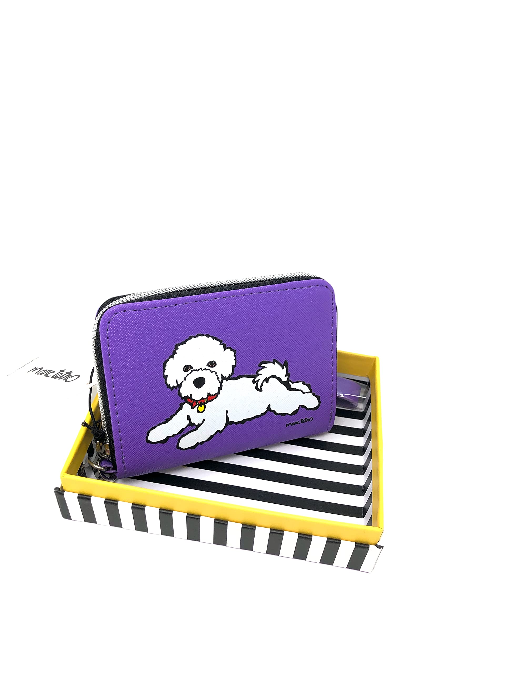 Marc Tetro French Bichon Puppy Dog Lover Purple Zipper Small Wallet Wristlet with Gift Box | 5x4x1 inches