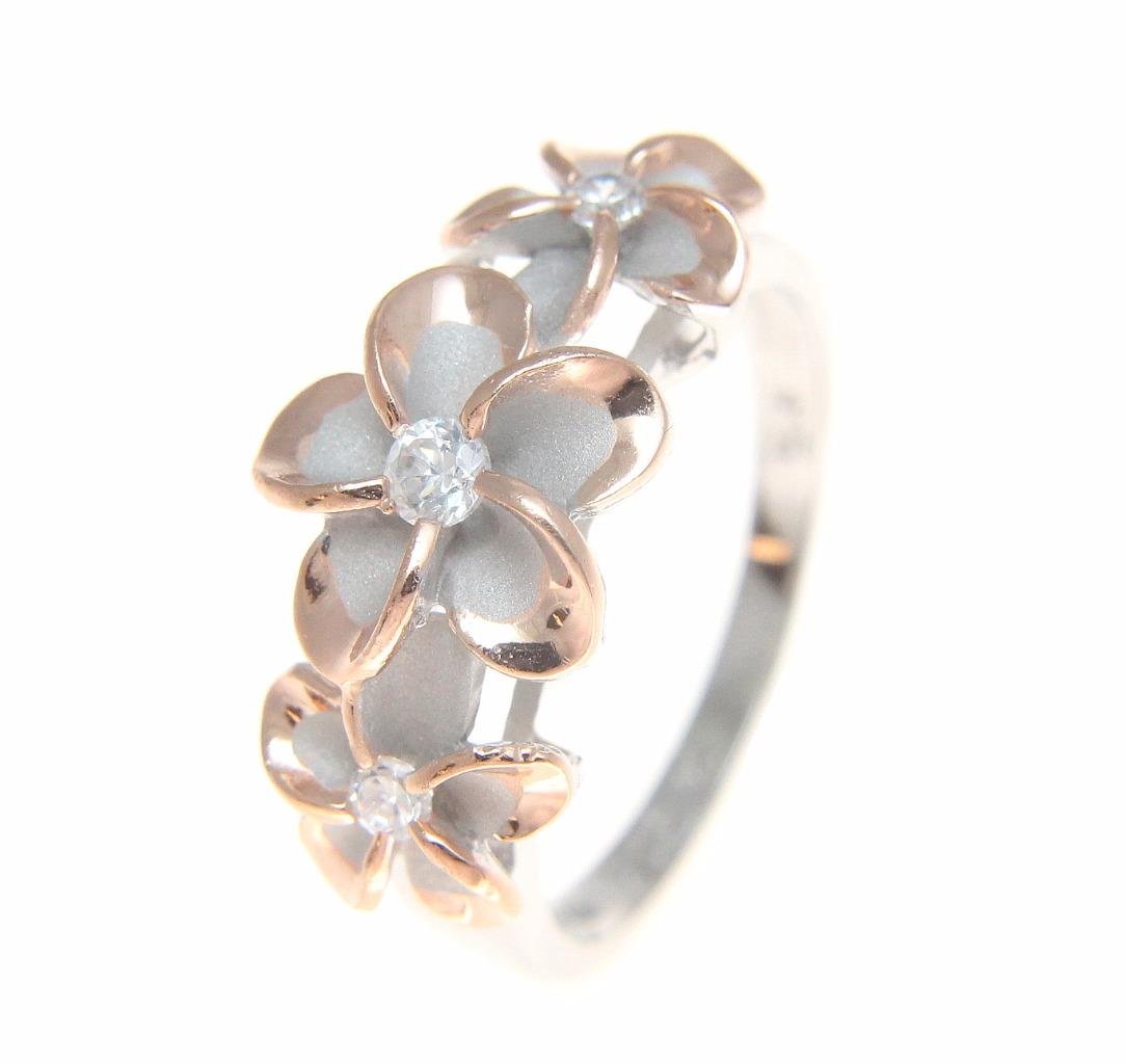 Arthur's Jewelry Sterling silver 925 Hawaiian 3 plumeria flower cz ring rhodium and pink rose gold plated size 8