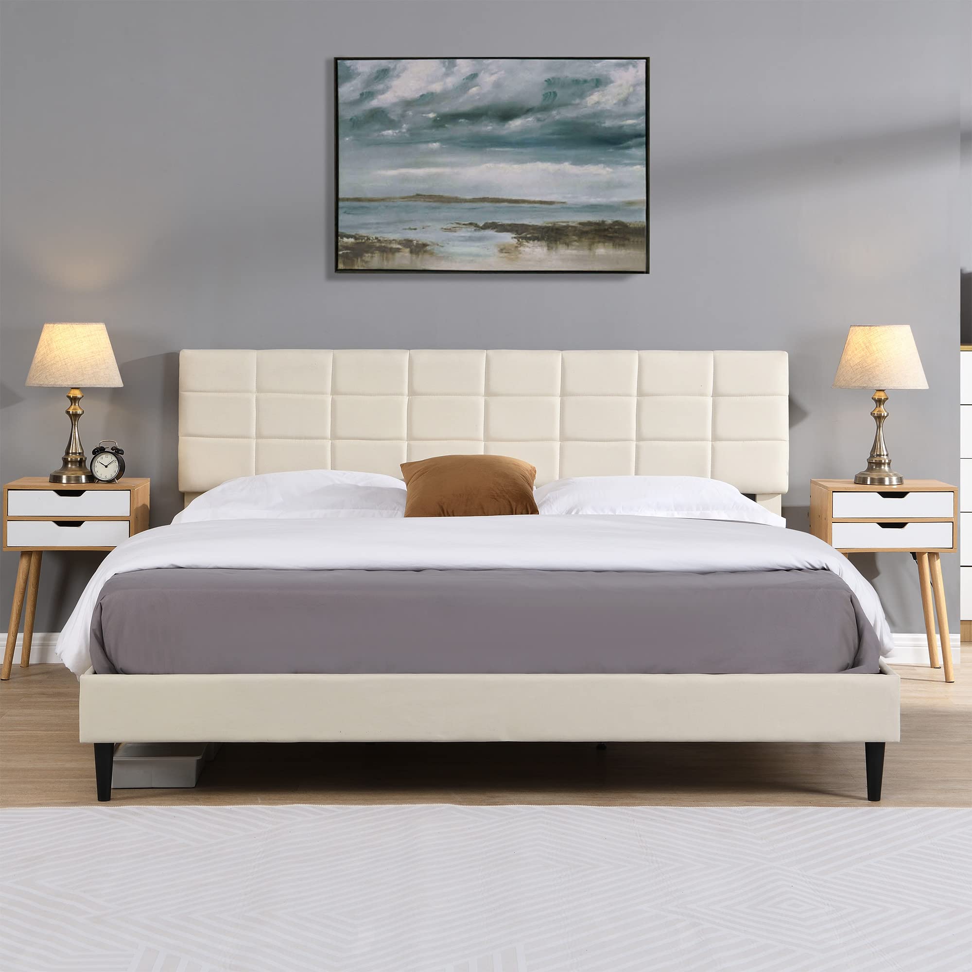Jintop King Size Platform Bed Frame with Fabric Upholstered Headboard and Wooden Slats,No Box Spring Needed,Easy Assembly, Bedroom Furniture for Teens & Adults,Dark Beige