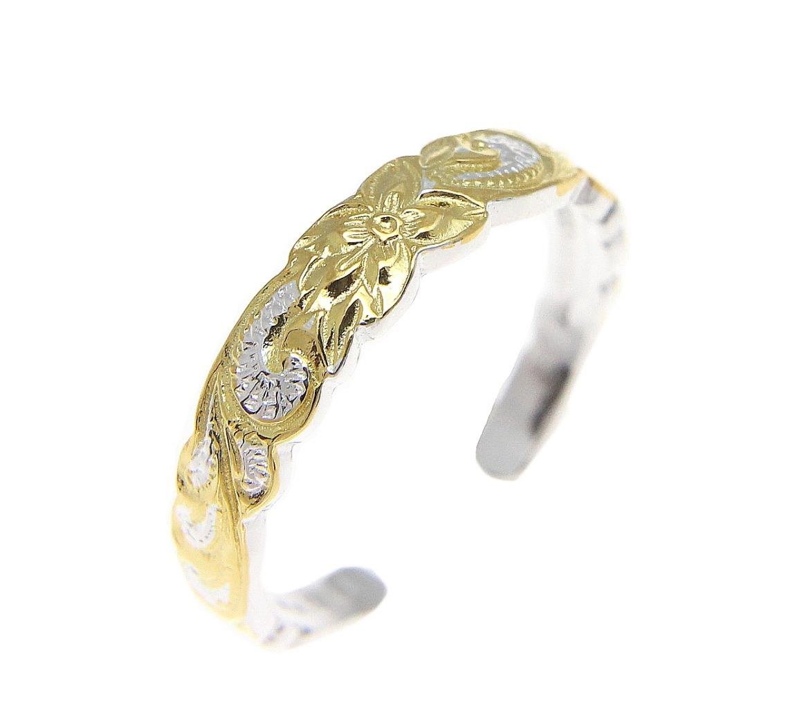 Arthur's Jewelry 925 sterling silver 2 tone yellow gold plated Hawaiian plumeria flower scroll 4mm cut out open toe ring