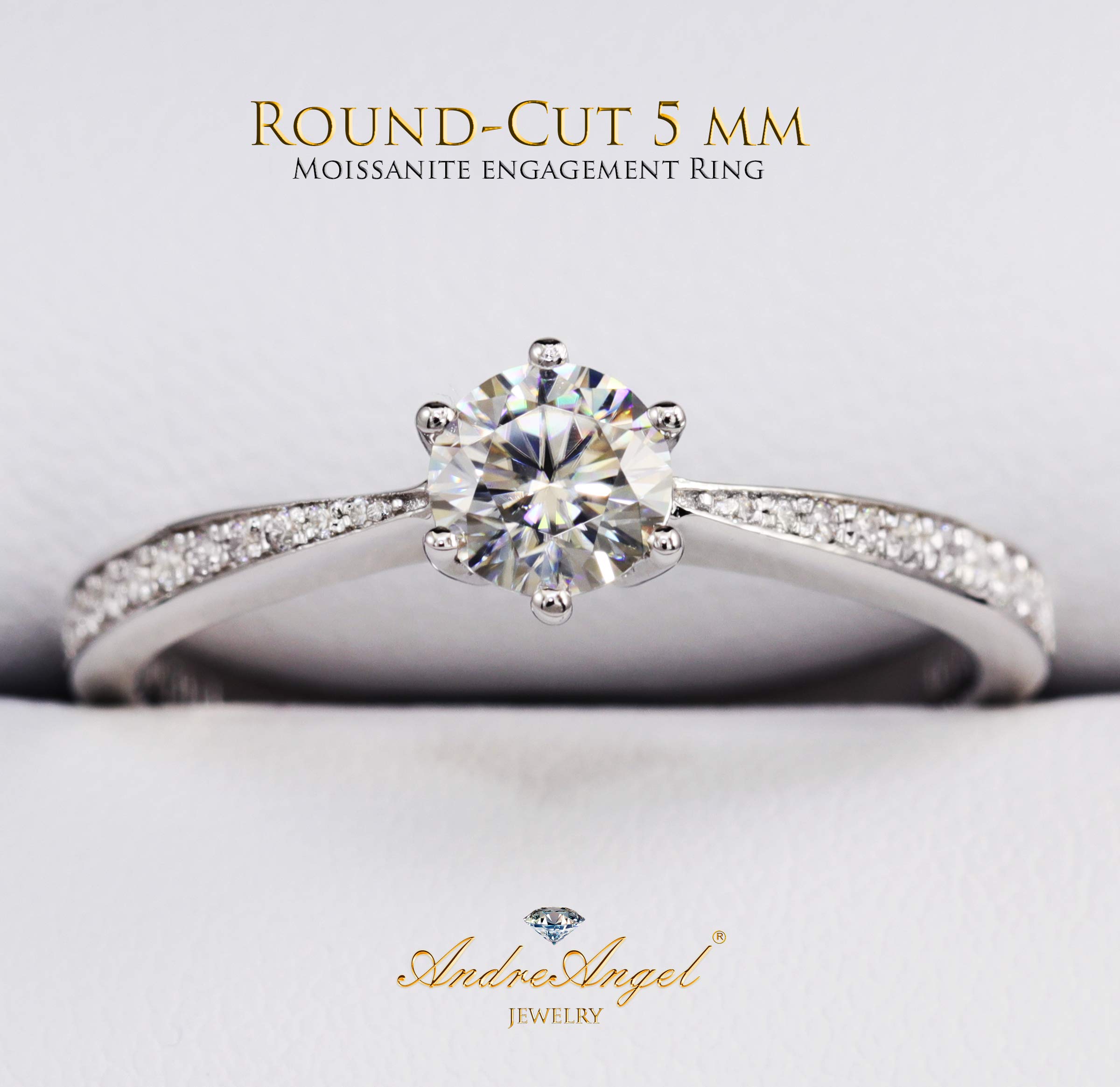 AndreAngel Engagement Ring | Genuine Moissanite Gemstones 0.5 carats 5 mm | Solid Sterling Silver 950 | Promise Wedding Anniversary Bridal Valentines | Design A70, Precious Metal, Created Moissanite