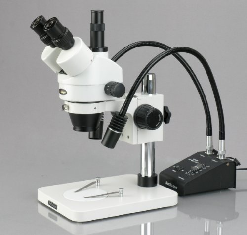 AmScope SM-1TSW2-L6W-M Digital Professional Trinocular Stereo Zoom Microscope, WH10x and WH25x Eyepieces, 3.5X-225X Magnification, 0.7X-4.5X Zoom Objective, 6W Dual-Gooseneck LED Light, Pillar Stand, 85V-265V, Includes 0.5X and 2.0X Barlow Lenses, Include