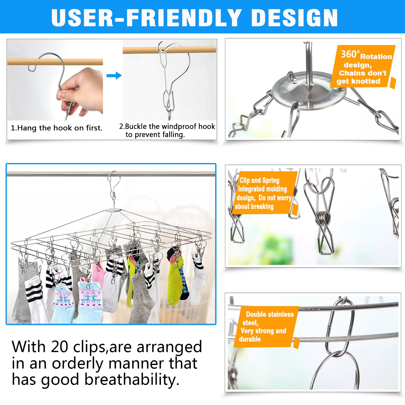 SYJINHUASY Tainless Steel Sock Drying Rack with 20 Clips, Stainless Steel Space-Saving Dryer Rack Washline for Sock,Underwear Etc Small Laundry Items (Stainless Steel-Square)