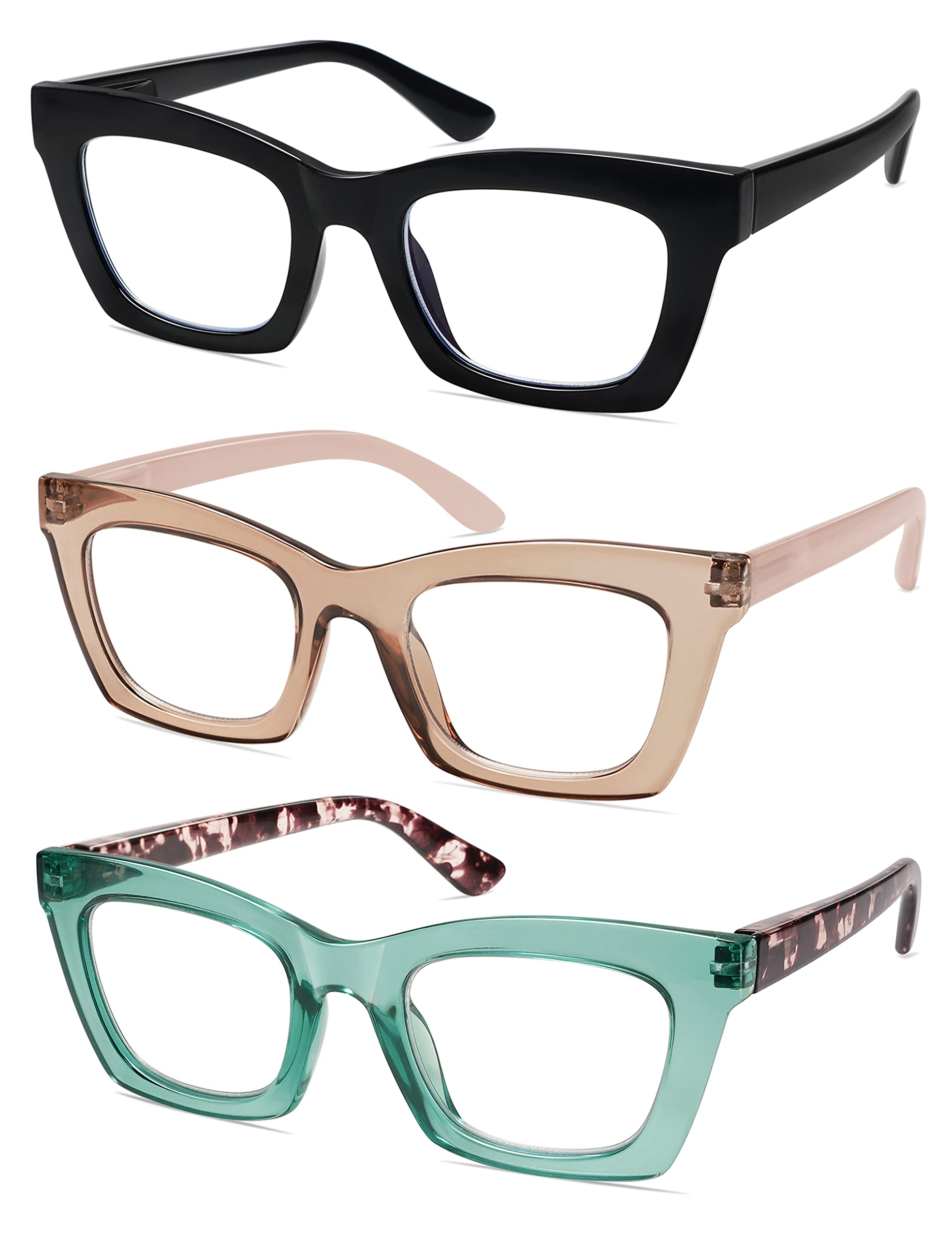 AMOMOMA 3 Pack Trendy Oversized Blue Light Stylish Readers for Women,Retro Square Cute Sturdy Computer Womens Reading Glasses AM6042 Black+Brown+Green 1.5