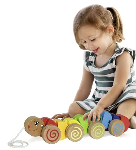 Eichhorn 100003447 Nachziehtier-100003446 Pull-Along Caterpillar with Movement, 32 cm Long, Beech Wood, Colourful