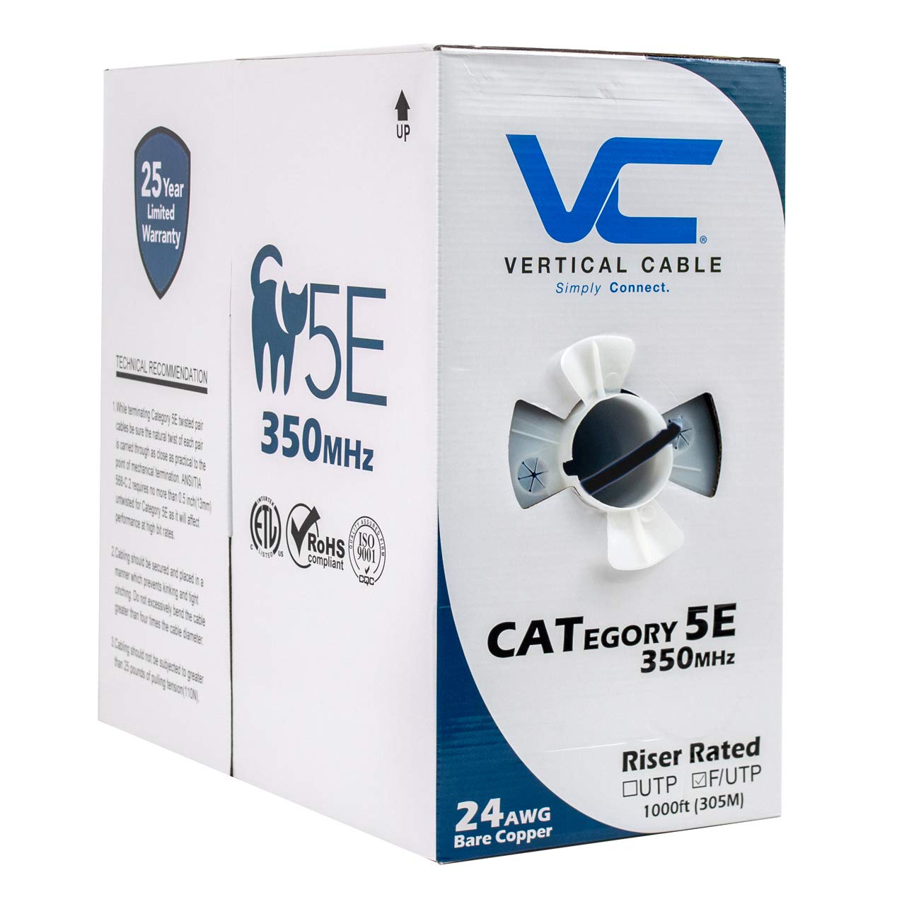 Vertical Cable Cat5e, 350 MHz, Shielded, 24AWG, Solid Bare Copper, 1000ft, Bulk Ethernet Cable, Black