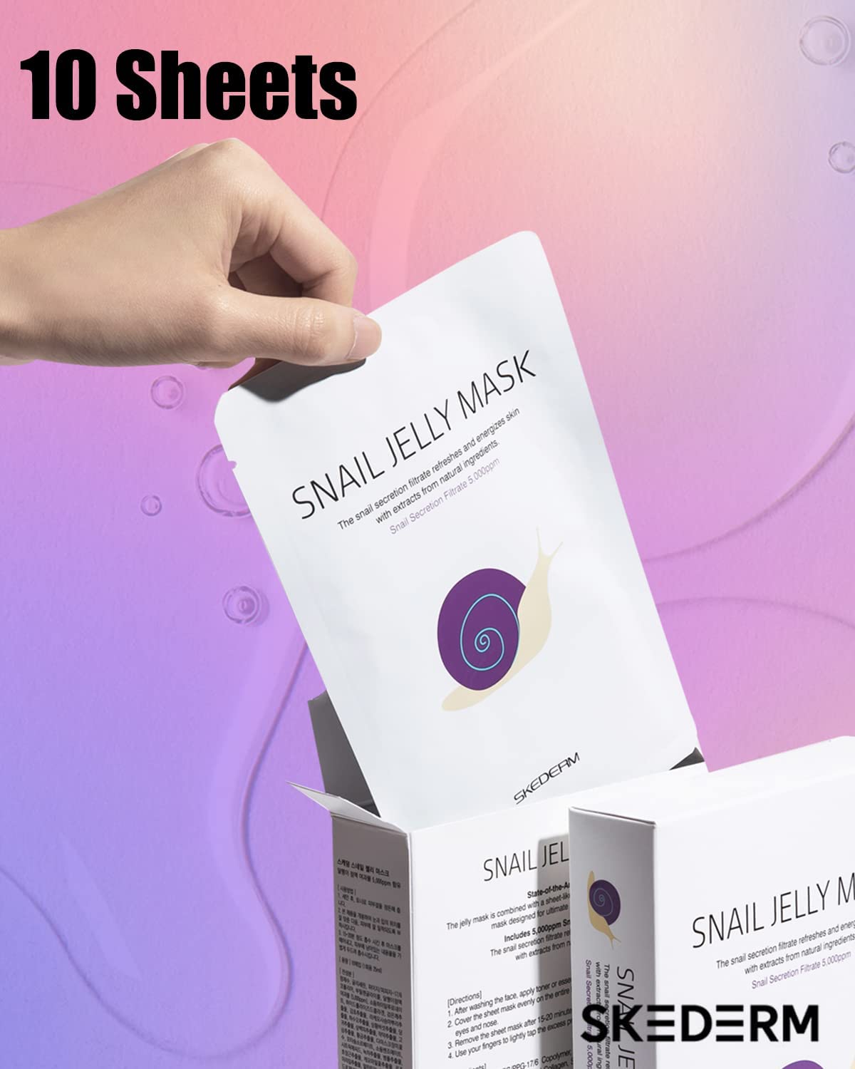 SKEDERM Korean Face Mask Snail Jelly Sheet Mask 10 Sheets Hydrating Sheet Mask Anti-Wrinkle Korean Skin Care Anti-Aging Sheets Pack Moisturizing Snail Secretion Filtrate 30,000ppm