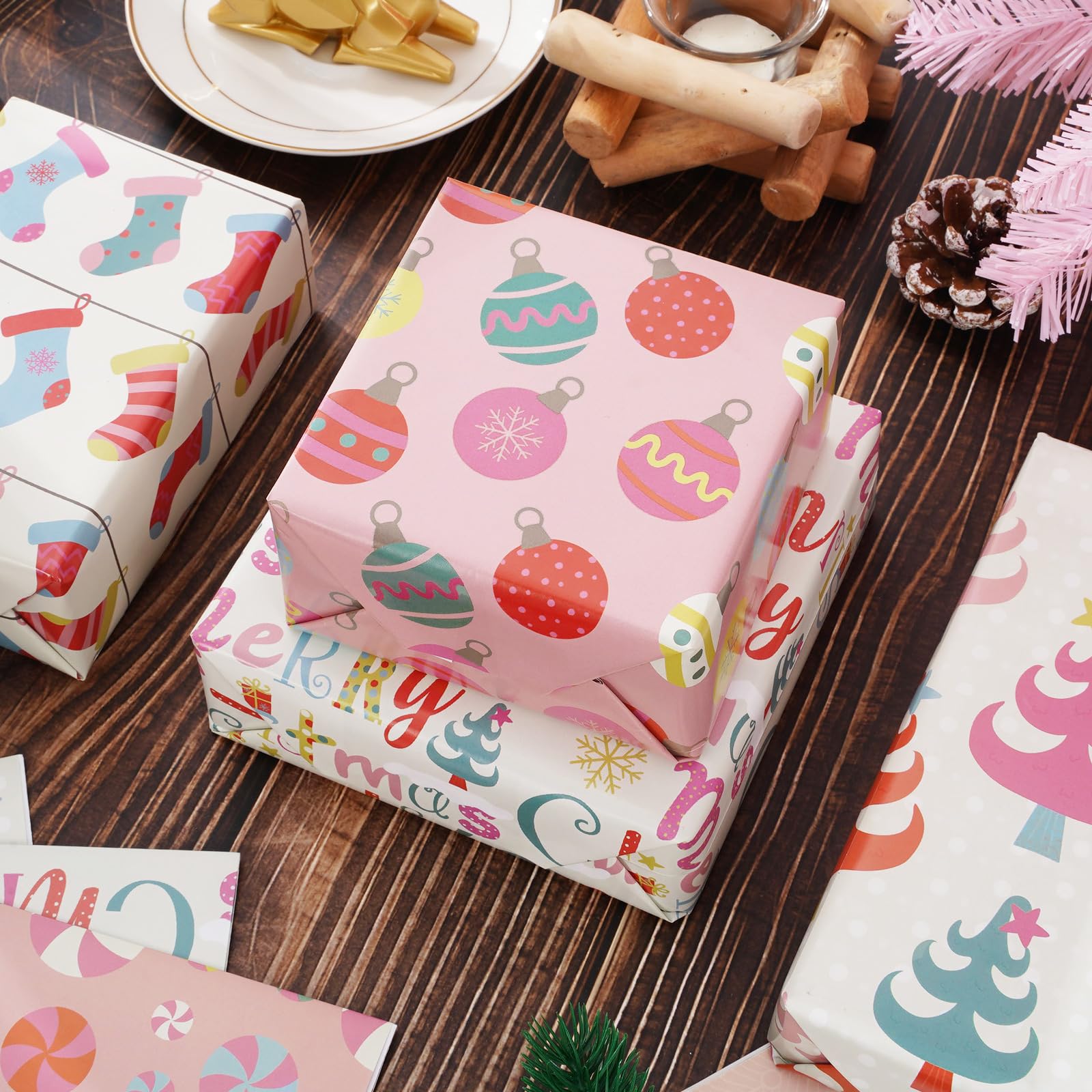 AnyDesign 12 Sheet Christmas Wrapping Paper Pink Blue Xmas Tree Snowflake Candy Cane Gift Wrap Paper Bulk Winter Decorative Art Paper for Birthday Baby Shower, Folded Flat, 19.7 x 27.6 Inch