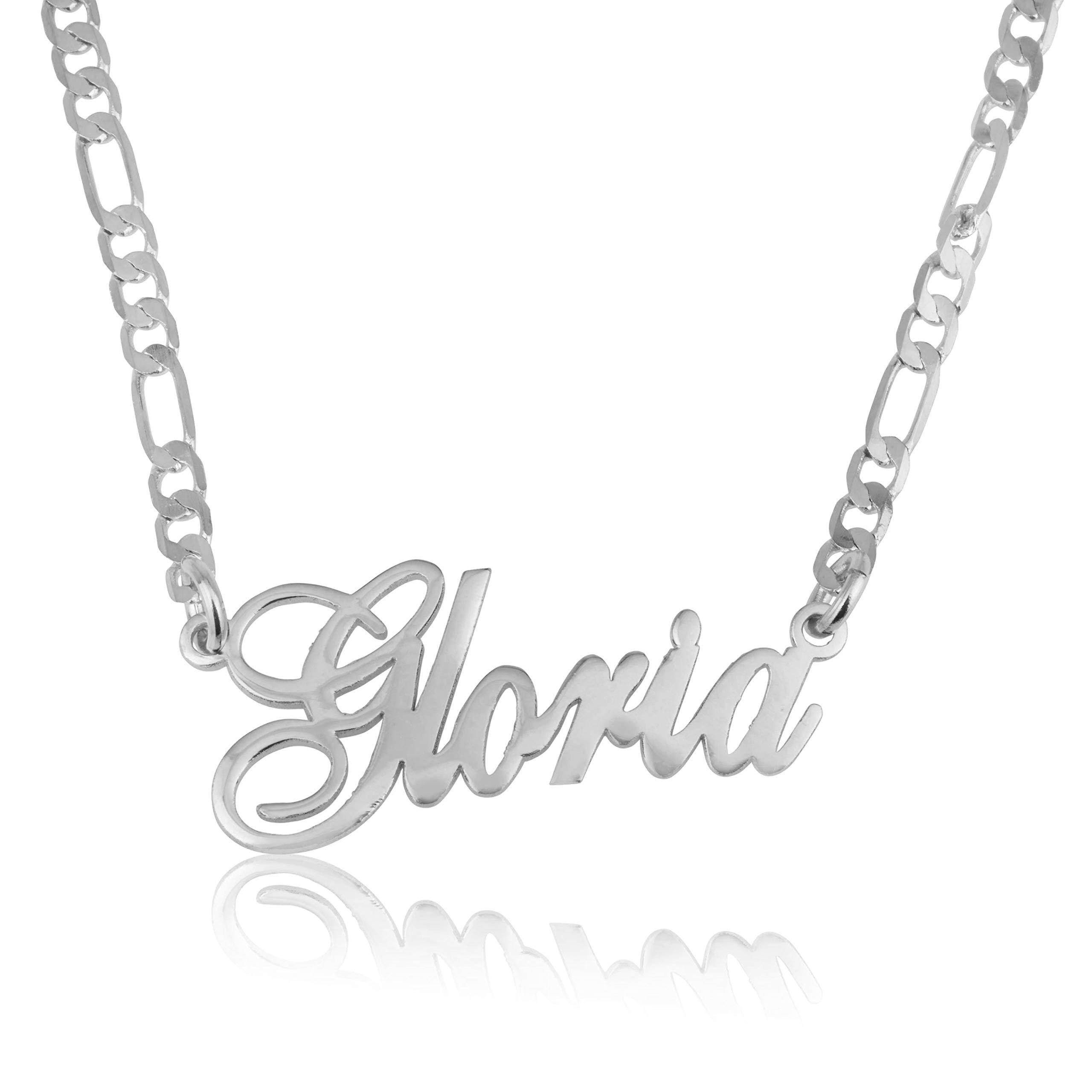 Beleco 18k Gold Plated or Sterling Silver 925 Custom Name Necklace - Personalized Name Plate Necklace for Men & Women with Elegant Figaro Chain, 15 Font Style | Customized & Personalized Necklaces