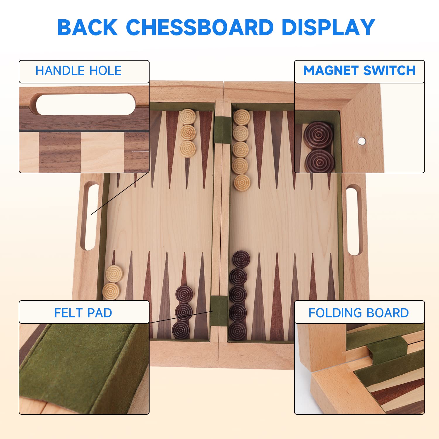 GSE Games & Sports Expert 16" Deluxe 3-in-1 Wooden Folding Chess, Checker and Backgammon Board Game Combo Set, Portable Travel Chess Checker Backgammon Set for Kids & Adults