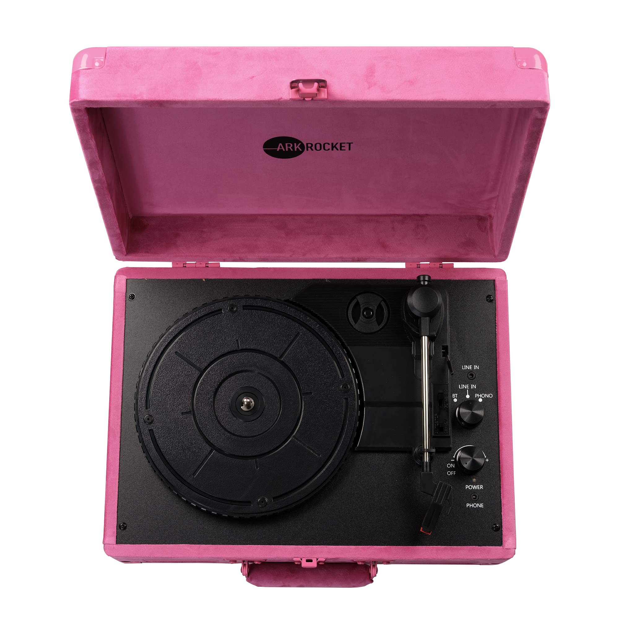 Arkrocket Curiosity Bluetooth Turntable Retro Suitcase 3-Speed Record Player with Built-in Speakers (Hot Pink Velvet)