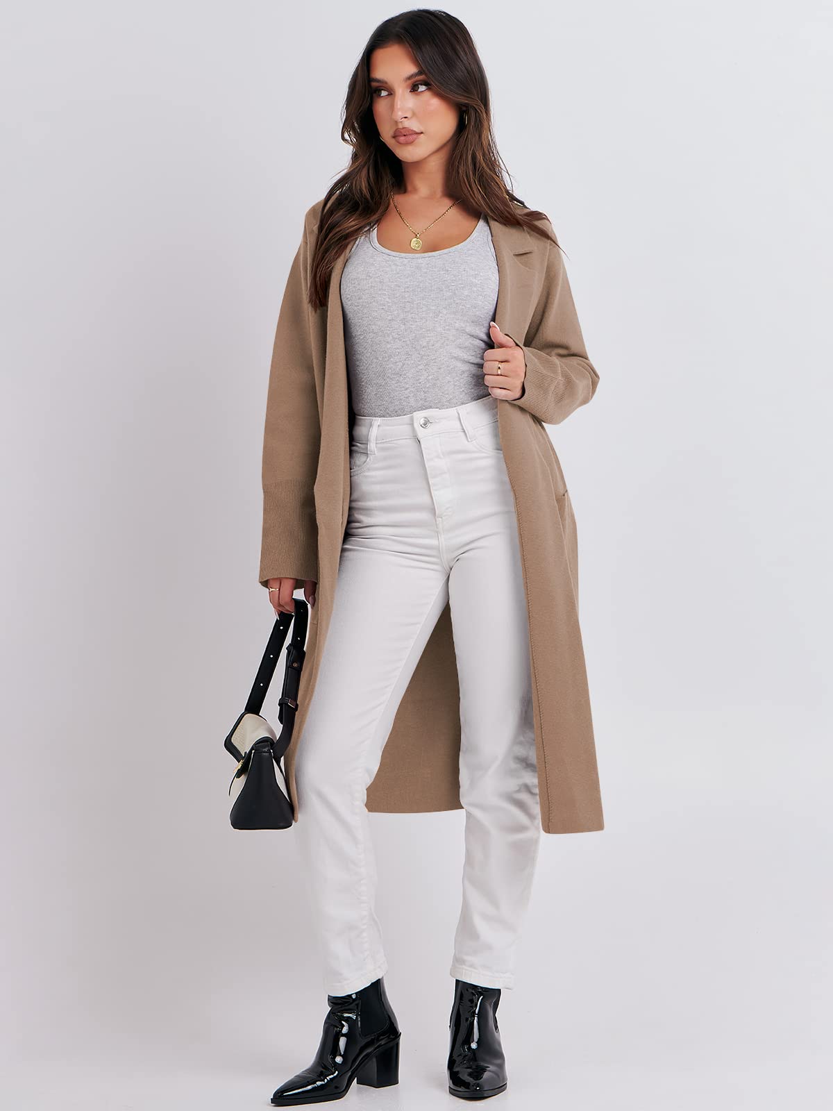 ANRABESS Women Cardigan Oversized Open Front Sweater Coat Lady Blazer Jacket Fall Outwear Coatigan 2024 Trendy Outfits Khaki Medium