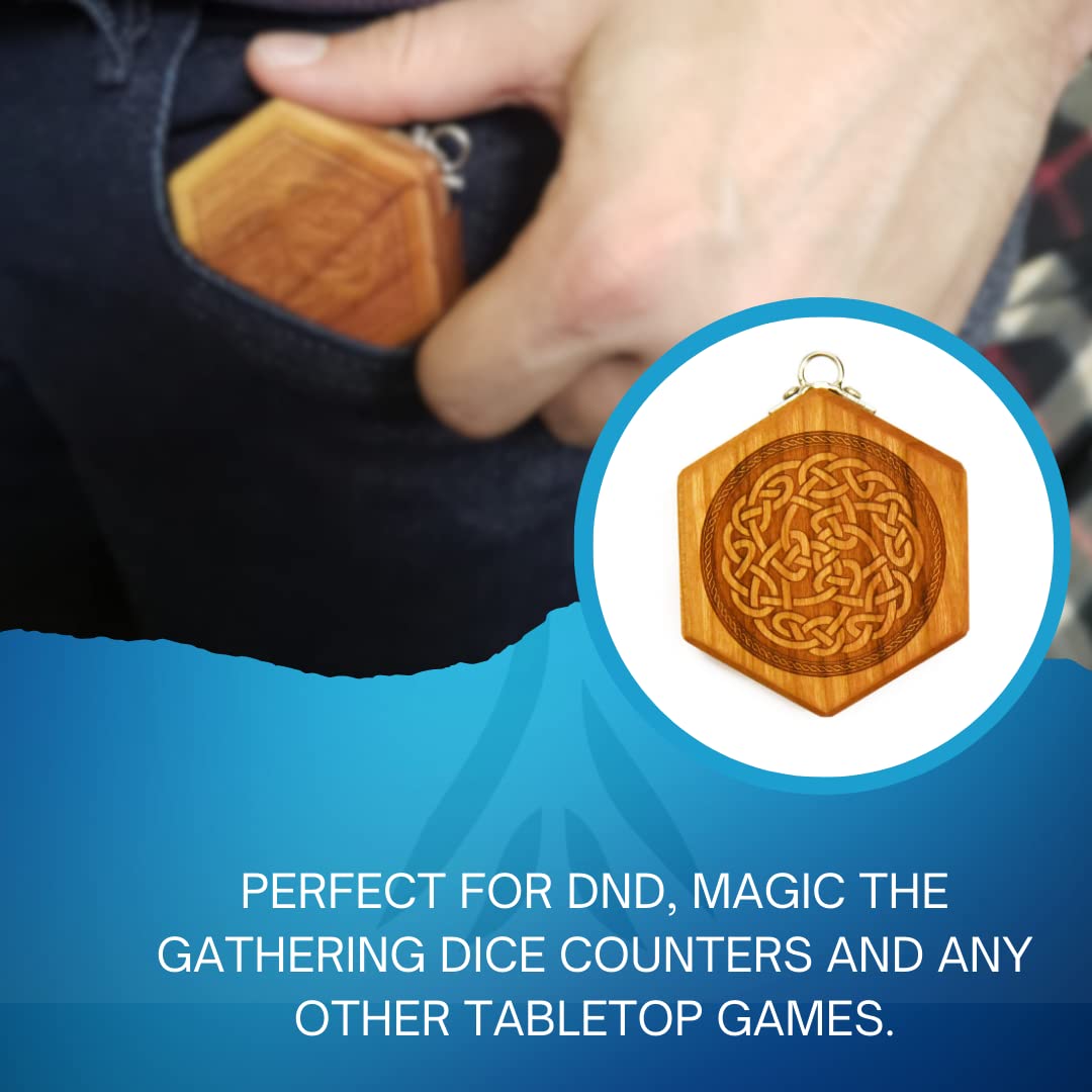Elderwood Academy Pocket Sized Hex Dice Wood Chest with Magnetic Lid - Perfect for DnD, Magic the Gathering Dice Counters and Any Other Tabletop Games (Mini-Cherry/Celtic)