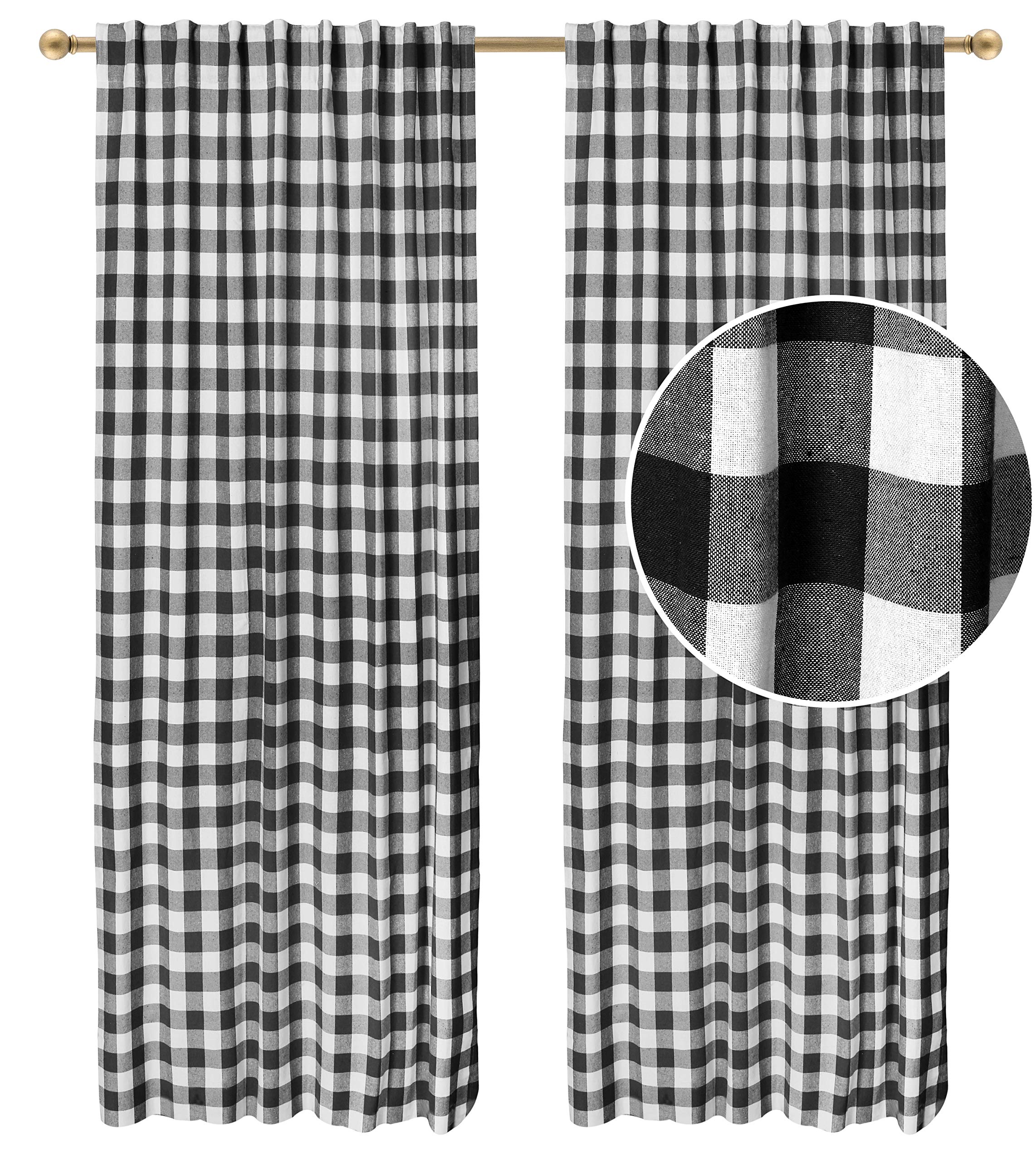 Alpha Living Home Farmhouse Cotton Black and White Buffalo Gingham Check Window Curtains, 50" x 72" 2 Pack Gingham Check Curtain - Black White Bedroom Curtain 72 Inches, Check Tab Top Curtains