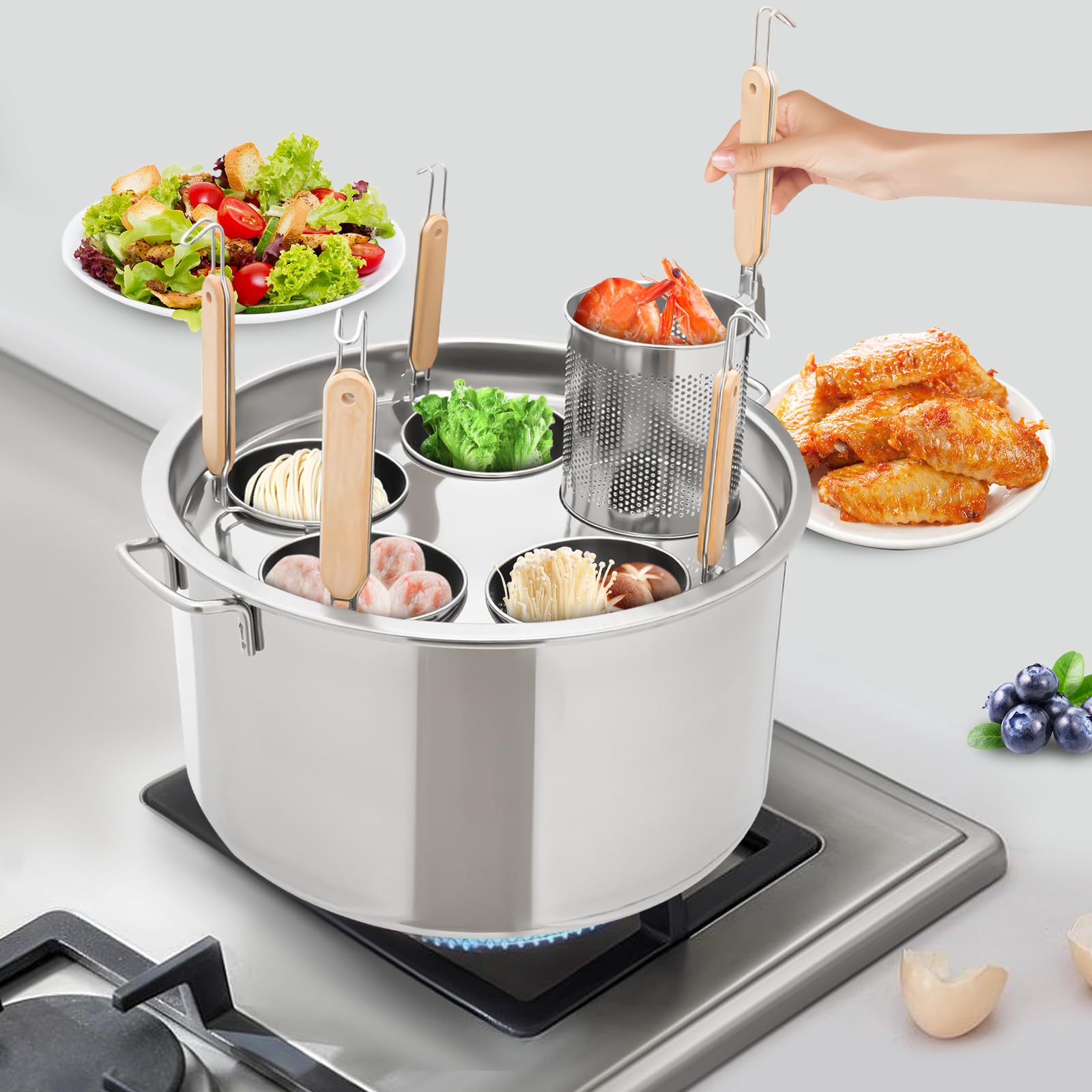 BANEBONE 37L/39qt 5 Holes Pasta Cooker Insert Set Stainless Steel Pasta Pot Insert Strainer Basket Cookware W/5* Insert Strainer Baskets for Home Kitchen Restaurant Commercial Cooking Tool