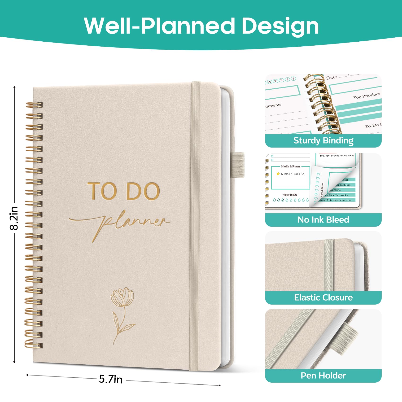 Aesthetic To Do List Notebook Planner - Simplified Undated Daily Planner to Stay Organized and Boost Productivity - Stylish Organizer Notebook for Office School Supplies, Light Gray