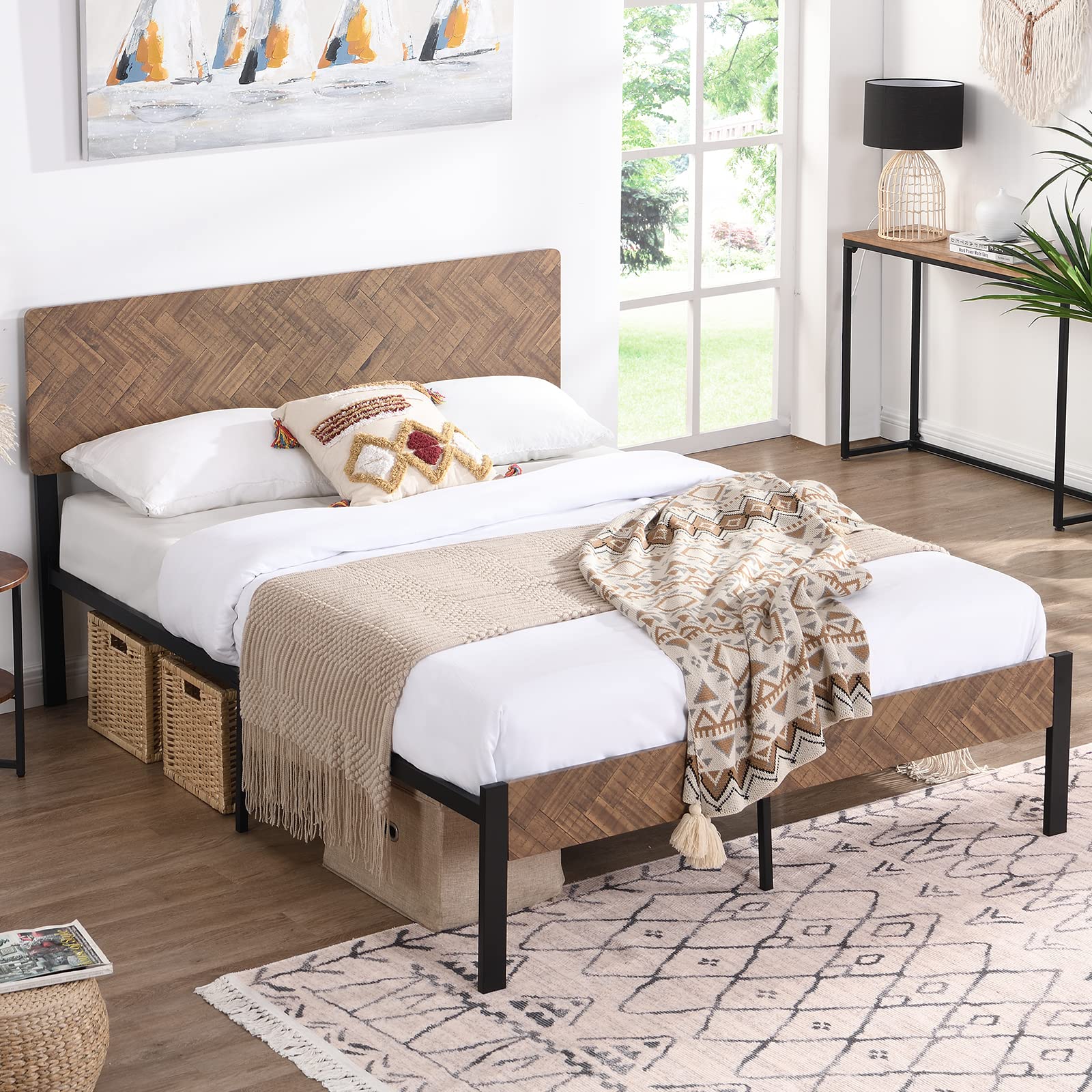 ANITA Twin Size Bed Frame with Wood Headboard, High Profile Platform Bed Frame 12.4 inch Storage Underneath/Metal Slat Support/Rustic Boho Style