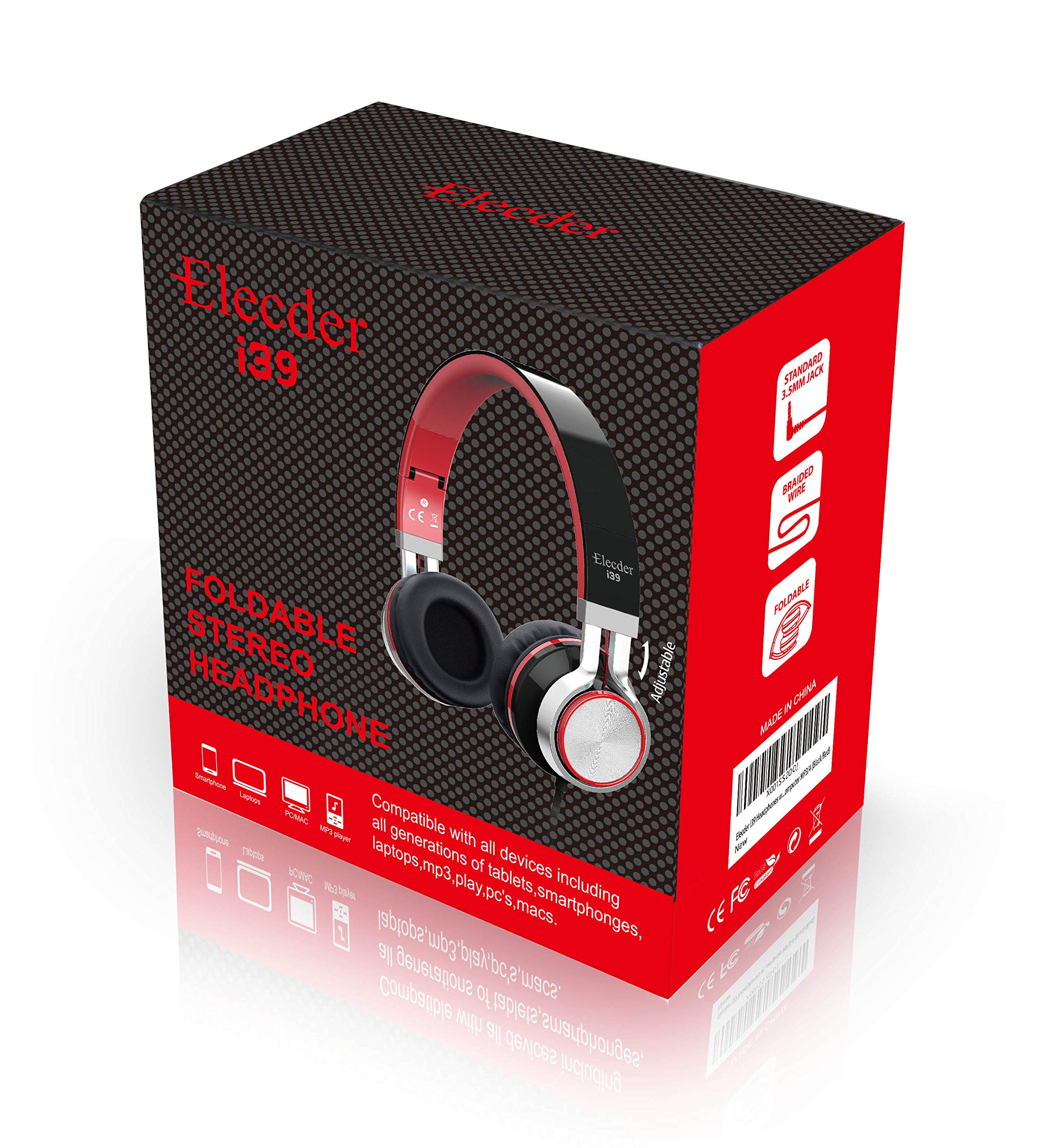 ELECDER i39 Headphones with Microphone Foldable Lightweight Adjustable On Ear Headsets with 3.5mm Jack for Cellphones Computer MP3/4 Kindle School Red/Black