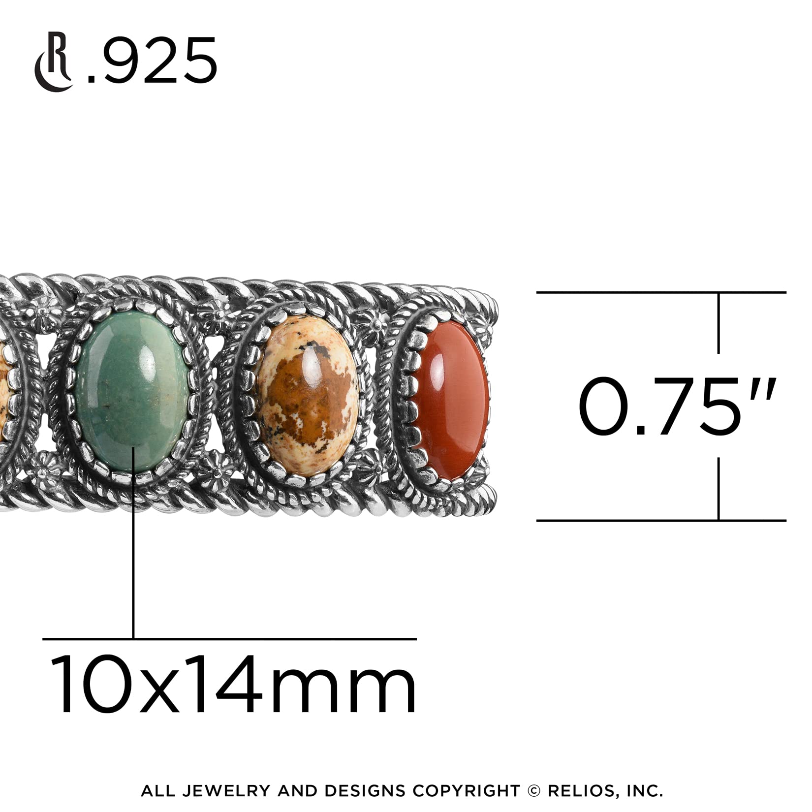 American West Jewelry Sterling Silver Green Turquoise, Red & Picture Jasper Gemstone 5-Stone Design Size Medium