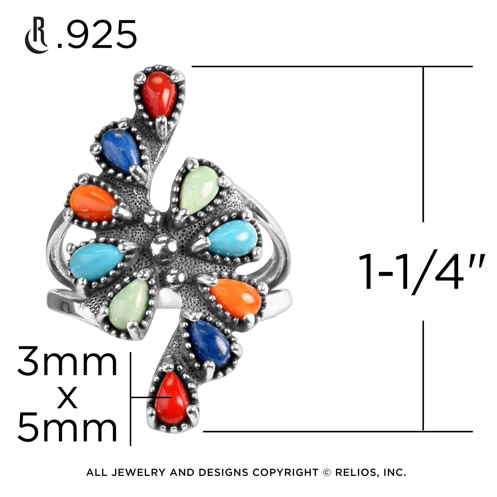 American West Ring Sterling Multi-Gemstone Cluster Fan Ring Sizes 9