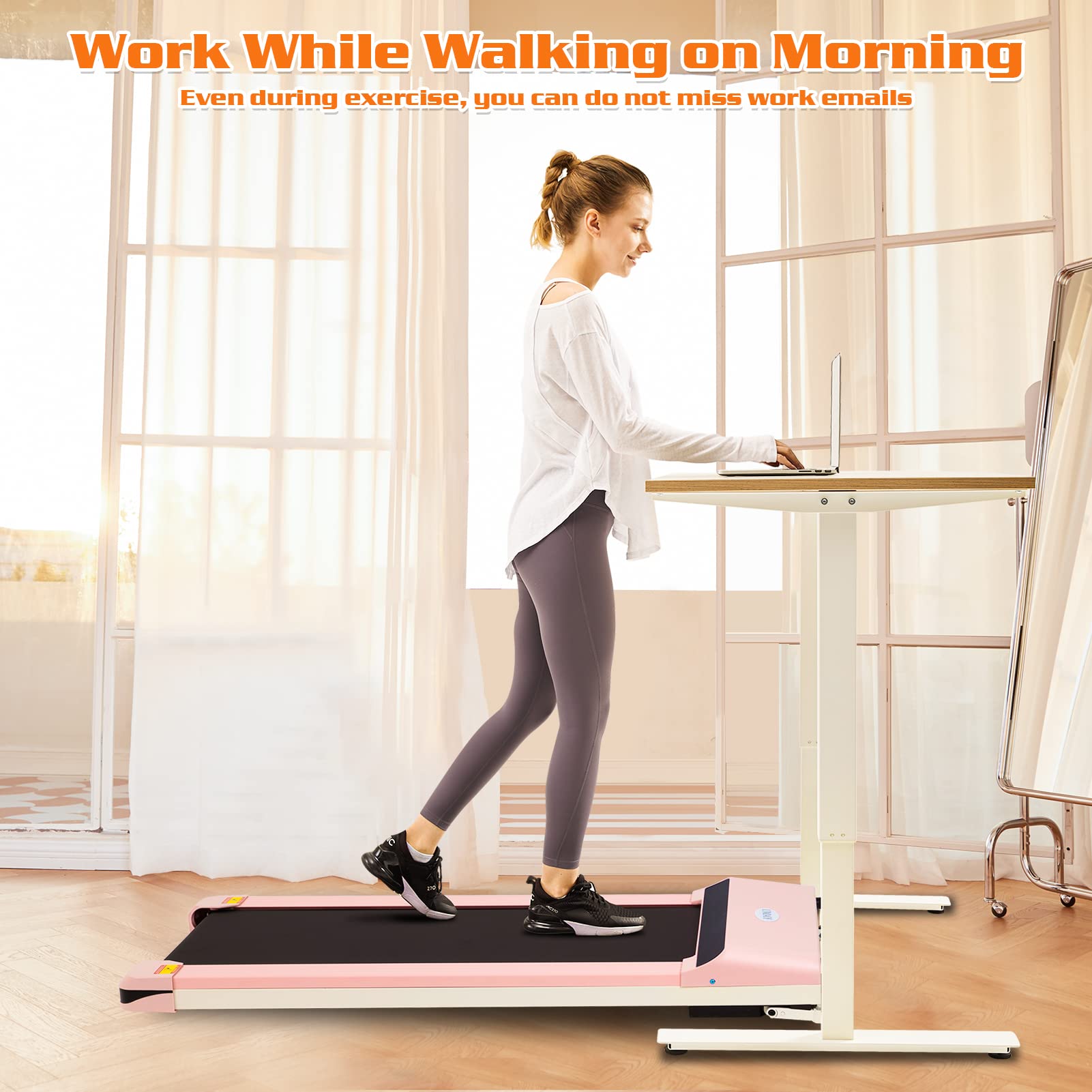Ampela Portable Treadmill Under Desk Walking Pad Flat with LED Display & Sport APP, Running Machine for Apartment and Small Space Without Assembling(Pink)