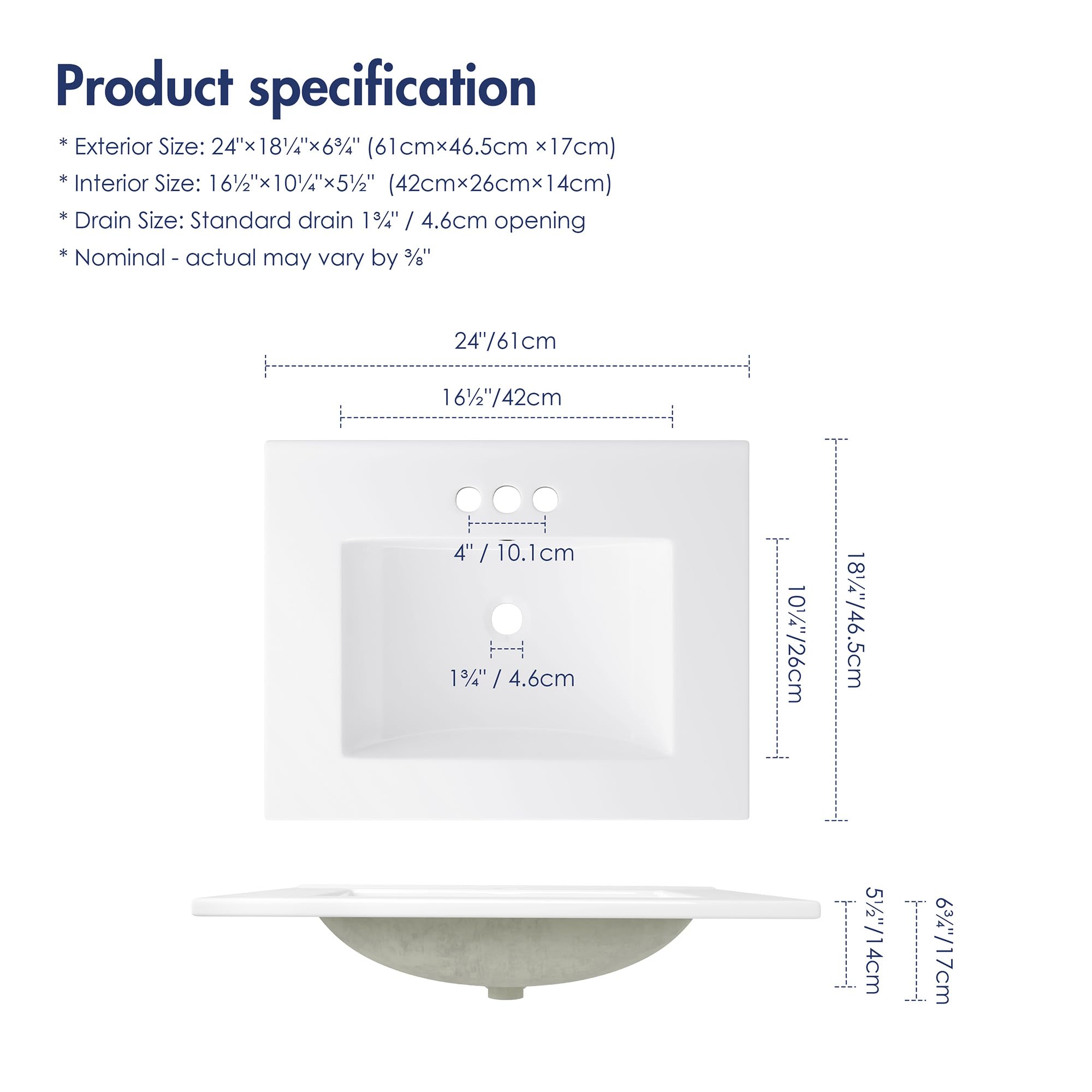 Eridanus 24"x18¼" Bathroom Sink with Three Holes (4inch Centerset), Ceramic Bathroom Vanity Sink Top with Overflow, Drop in Bathroom Vessel Sink Rectangle Ideal for Small Spaces - Glossy White
