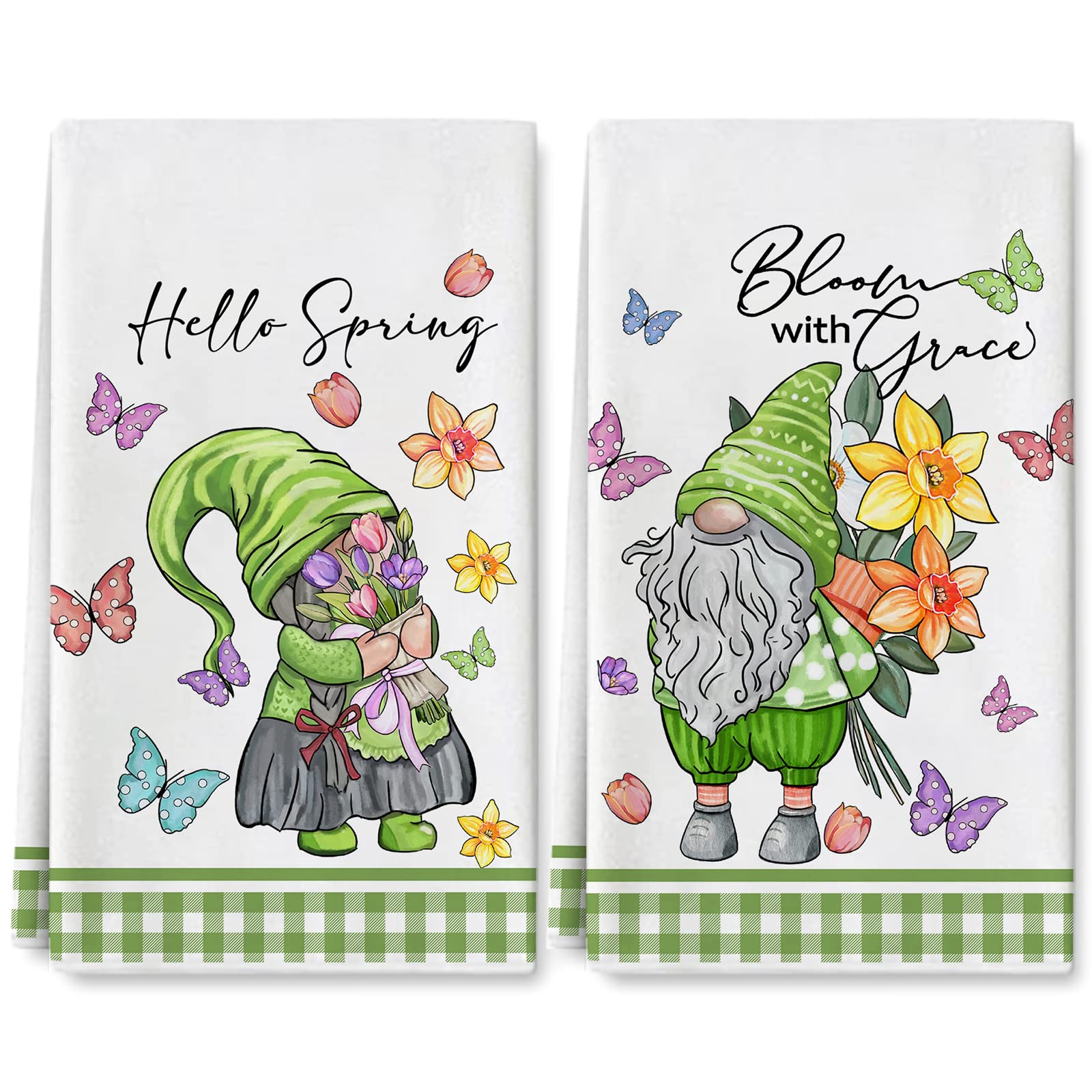 AnyDesign Green Buffalo Plaid Kitchen Towels Hello Spring Watercolor Gnome Butterfly Flowers Dishcloth Soft Hand Drying Tea Towel for Kitchen Cooking Baking Home Decorations Set of 2, 18 x 28 Inch