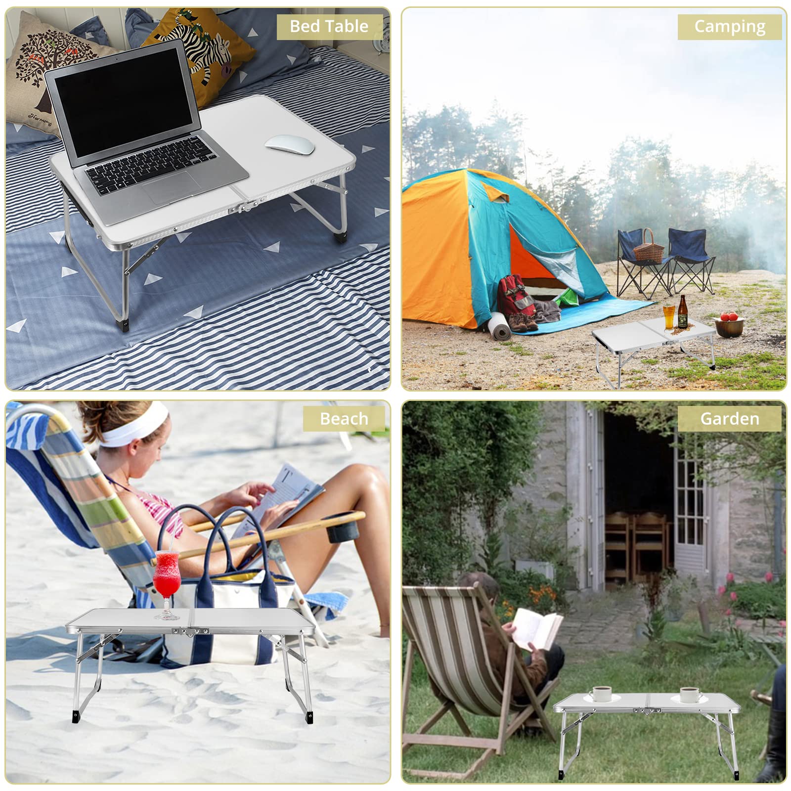 Anbte 24''x16''Small Folding Table, Aluminum Alloy Lightweight Folding Table with Carry Handle, Waterproof, Mini Camping Table for Backpacking Camping Hiking Beach Picnic, White