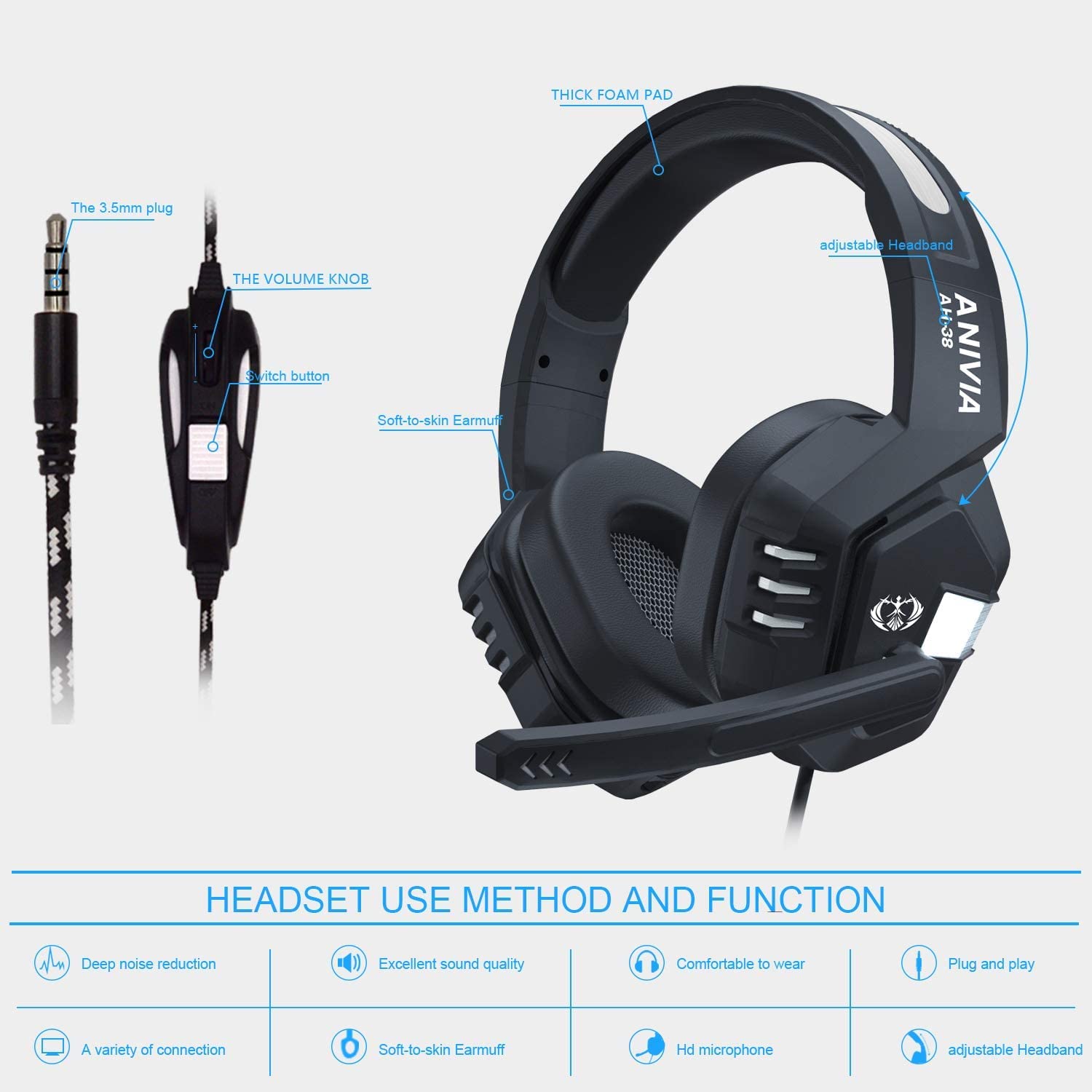 Anivia Wired Stereo Gaming Headset, Over Ear Noise Isolating Headphones with Microphone for PS4//PC/Mac/Smartphones/Tablets/Laptop