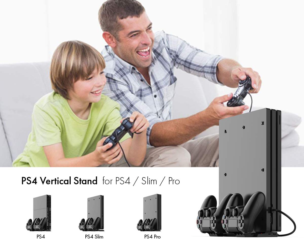 ElecGear Vertical Charging Stand for PS4, Dual Charging Station Charger Dock for DualShock 4 Controller with 4X Mini Dongle Adapter and 2X USB Port Accessory Kit for PS4, PS4 Slim, PS4 Pro