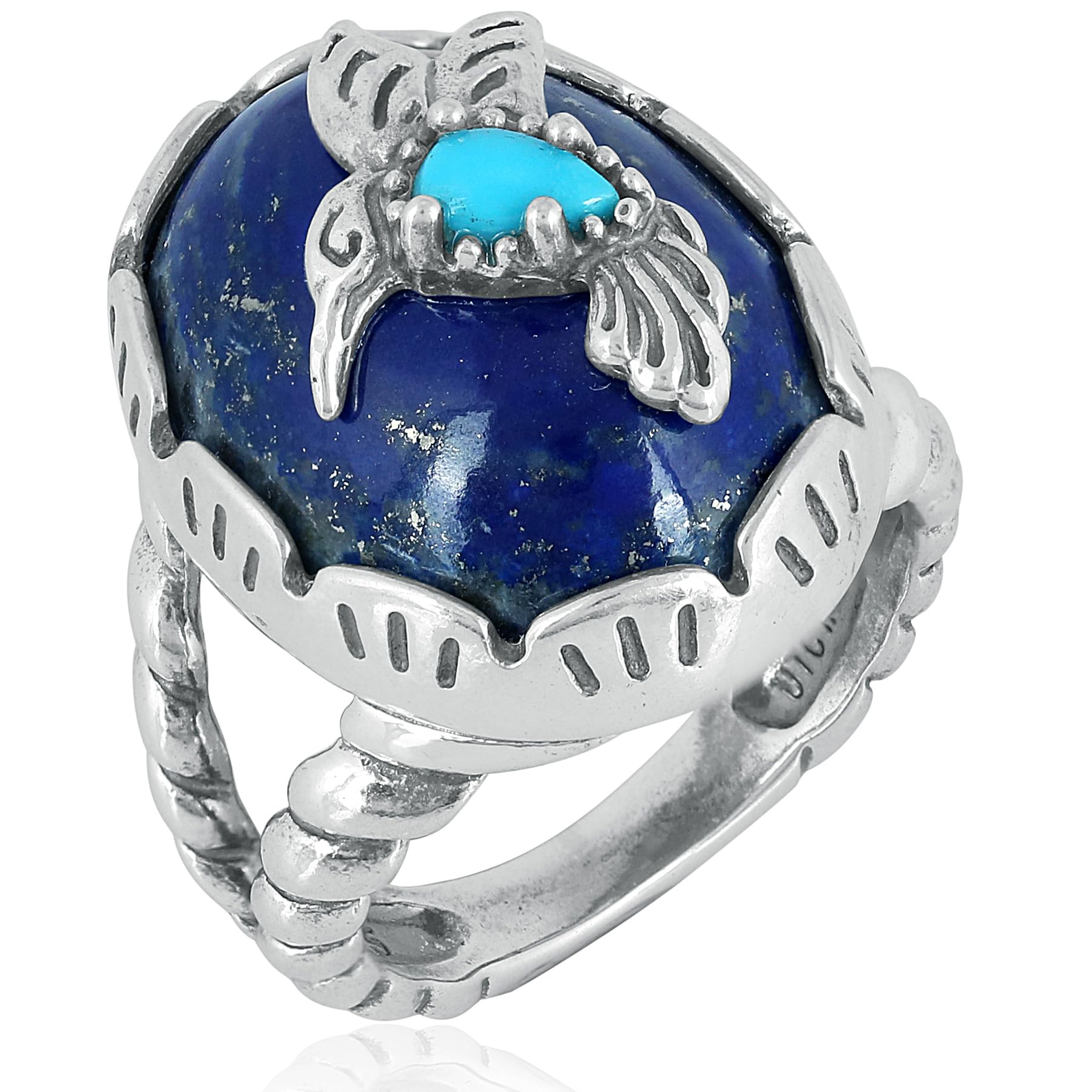 American West Sterling Silver Women's Ring Blue Turquoise and Gold Mother of Pearl Gemstone Hummingbird Design Size 7