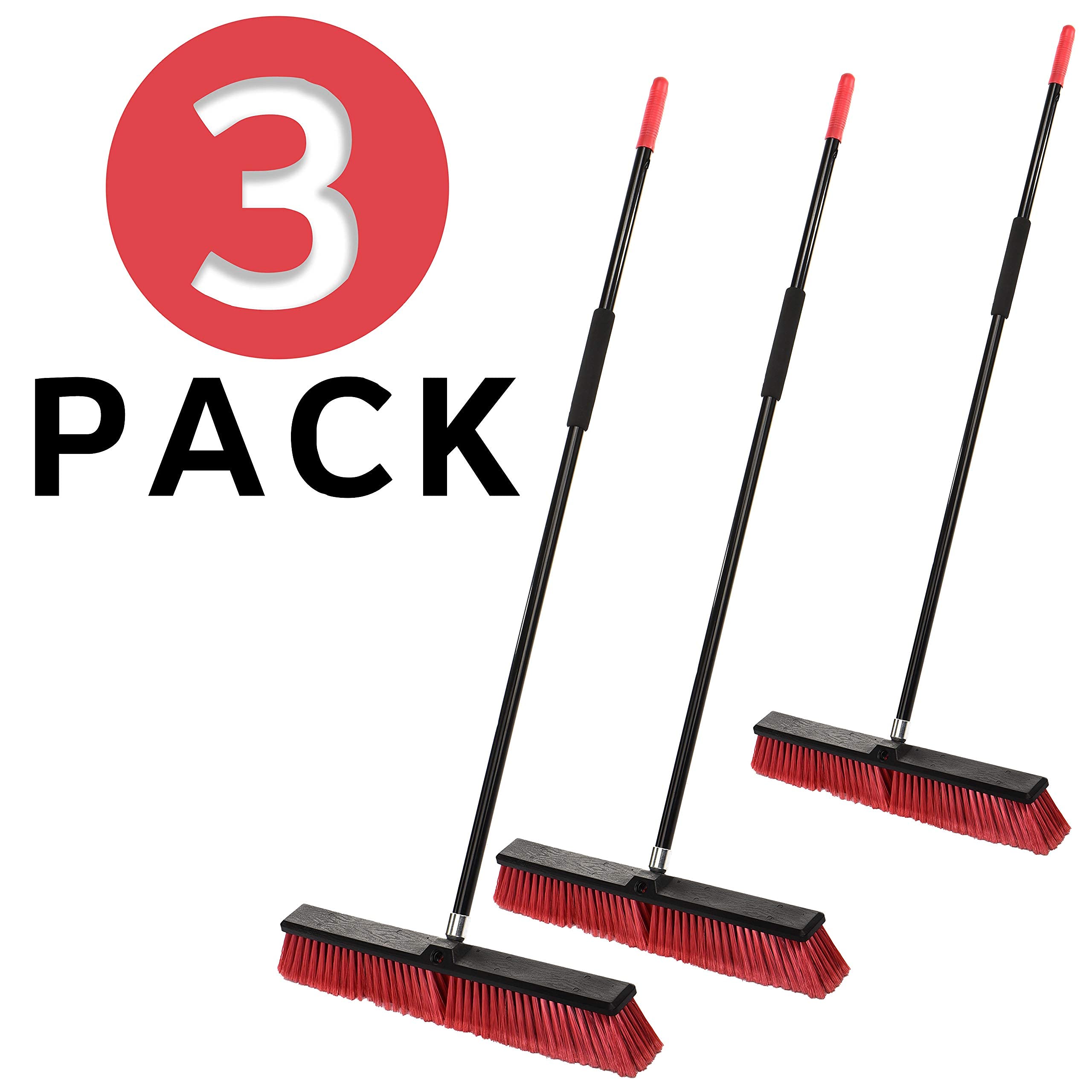 Alpine Industries 2-in-1 Smooth-Surface Squeegee Push Broom - Heavy Duty Long Handle Sweeper - Wide Cleaner Head with Softer Durable Bristles (3-Pack)