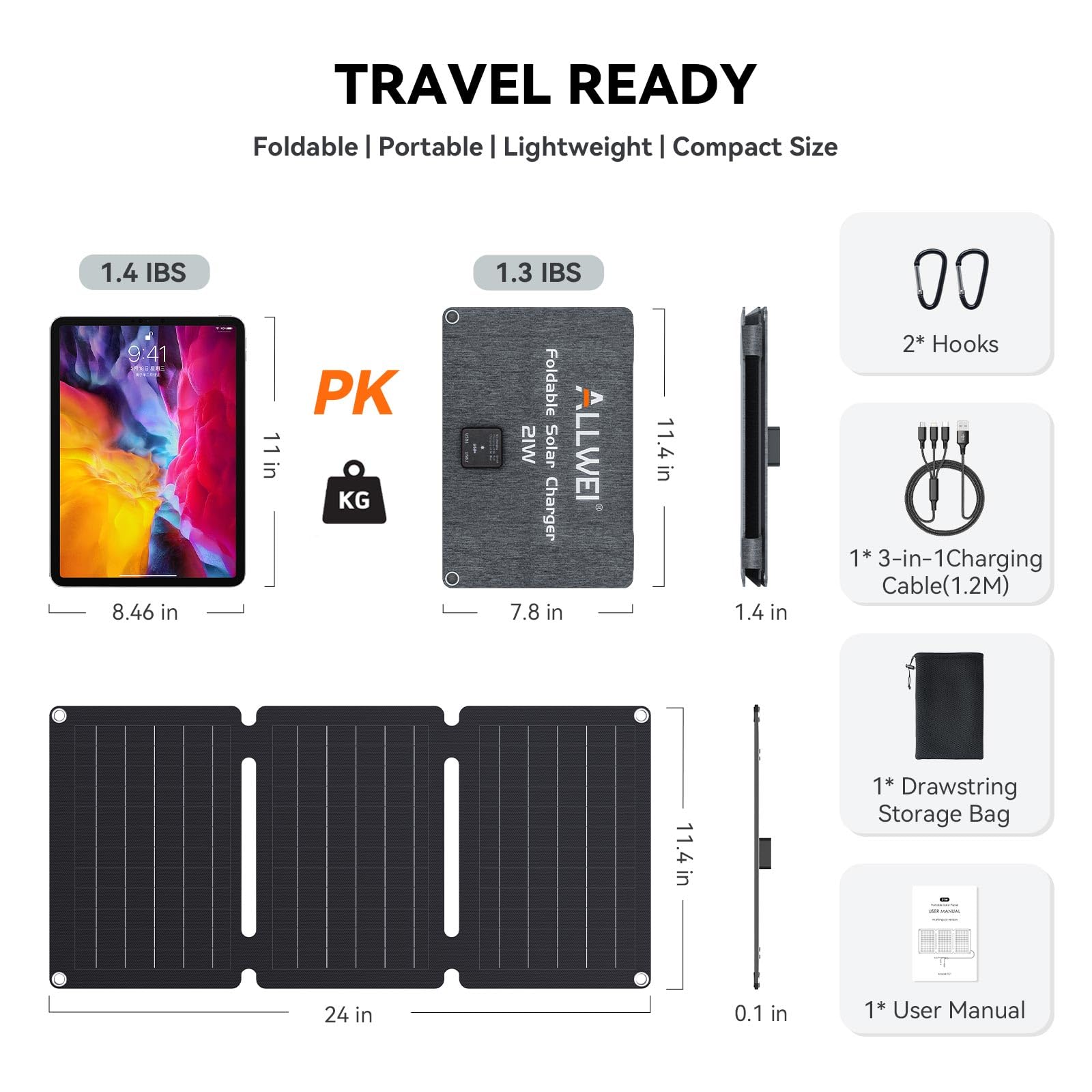 ALLWEI 200W Portable Solar Panel and 21W Portable Solar Charger, Foldable Solar Panel Charger with 2 USB-A Ports, IP68 Waterproof Solar Phone Charger for Outdoor Camping Hiking Backpacking