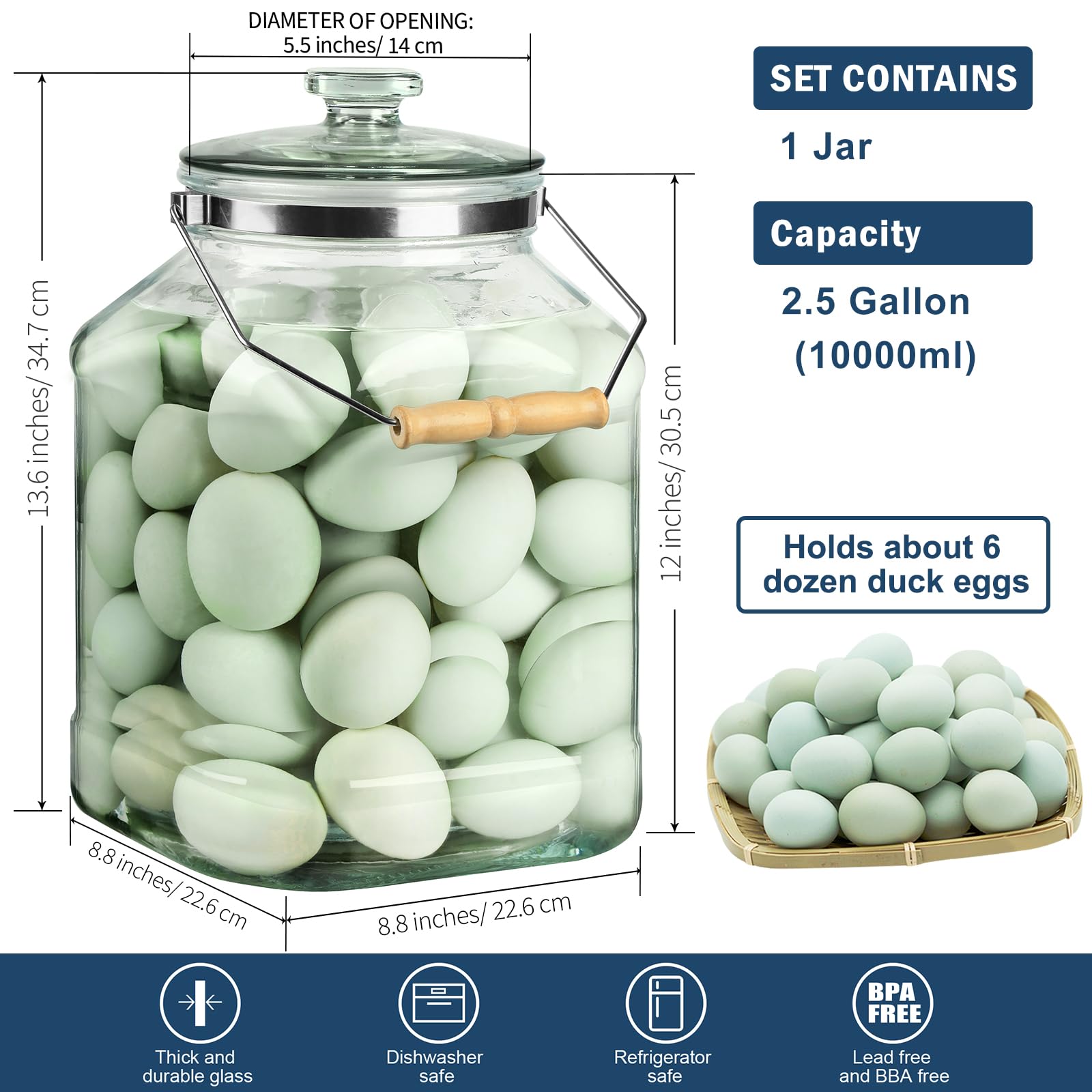 Daitouge 2.5 Gallon Glass Jar with Lids, 5.5" Opening Heavy Large Glass Storage Jars with Handle, Extra Big Glass Container for Kitchen Organization