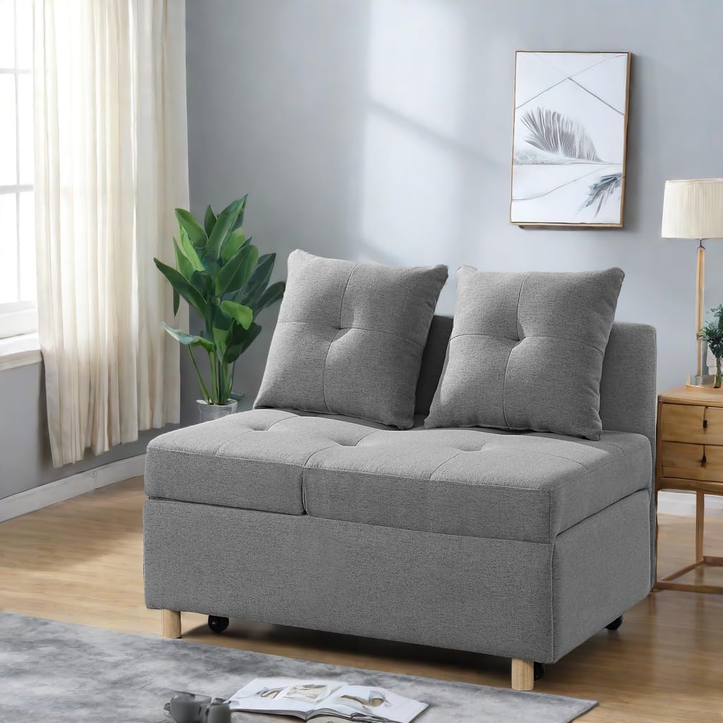 ChicFurnit Couch, 3-in-1 Convertible Sofa Bed, Linen Single Extendable Sofa with Adjustable Back, Futon Chair with 1 Lumbar Pillow, Futon Sofa Bed with 4 Small Wheels for Living Room, Dark Gray