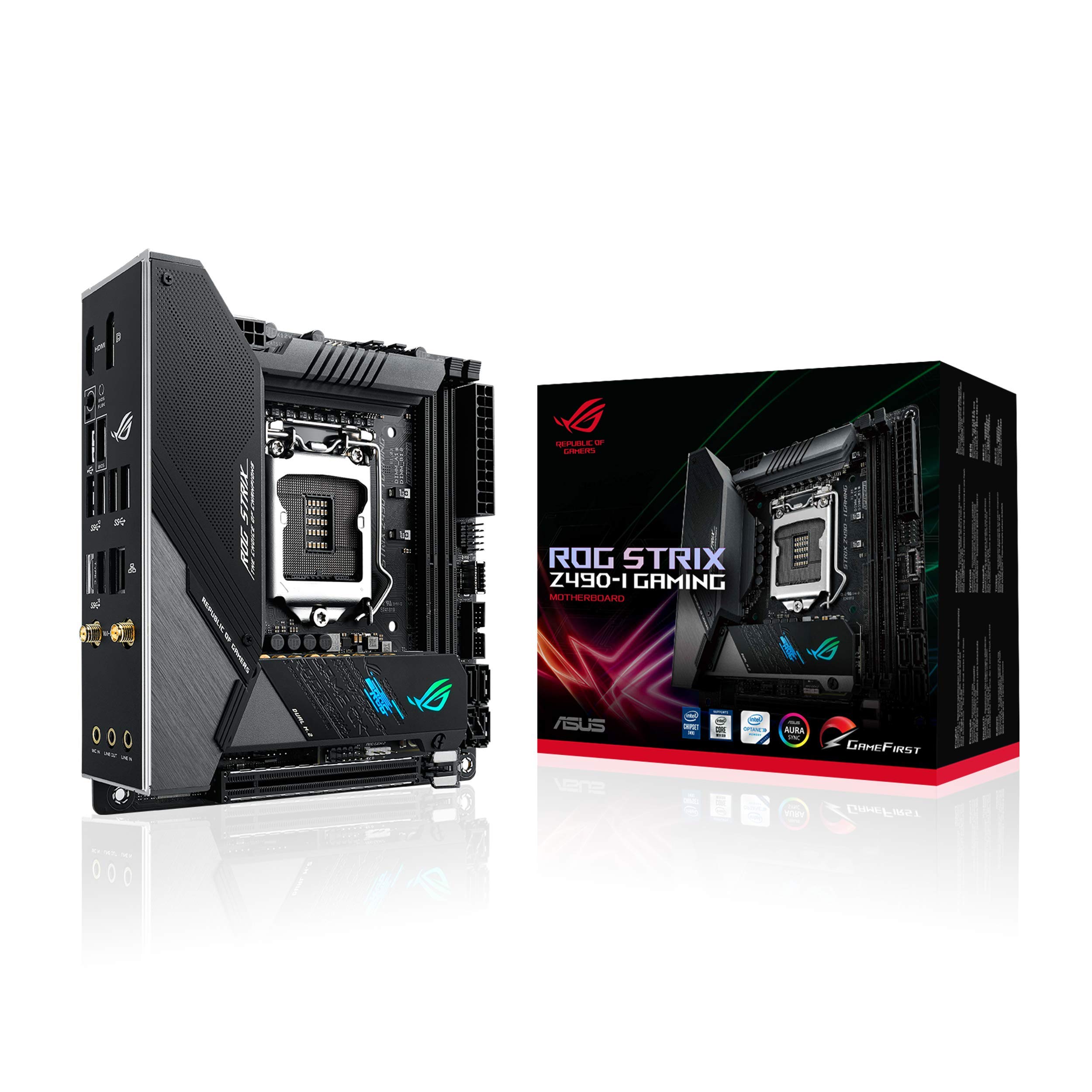ASUS ROG Strix Z490-I Gaming Z490 (WiFi 6) LGA 1200 (Intel® 10th Gen) Mini-ITX Gaming Motherboard 8+2 Power Stages, DDR4 4800, Intel® 2.5 Gb Ethernet, USB 3.2 Front Panel Type-C, HDMI 2.0a, Aura Sync