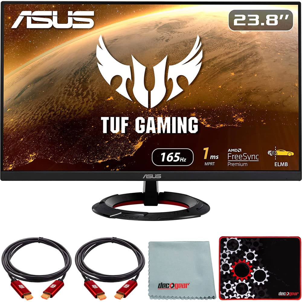ASUS VG249Q1R TUF Gaming 23.8 inch 1080p Monitor with FreeSync Premium Bundle with Deco Gear HDMI Cable 2 Pack + Gamer Surface Mousepad + Screen Cloth