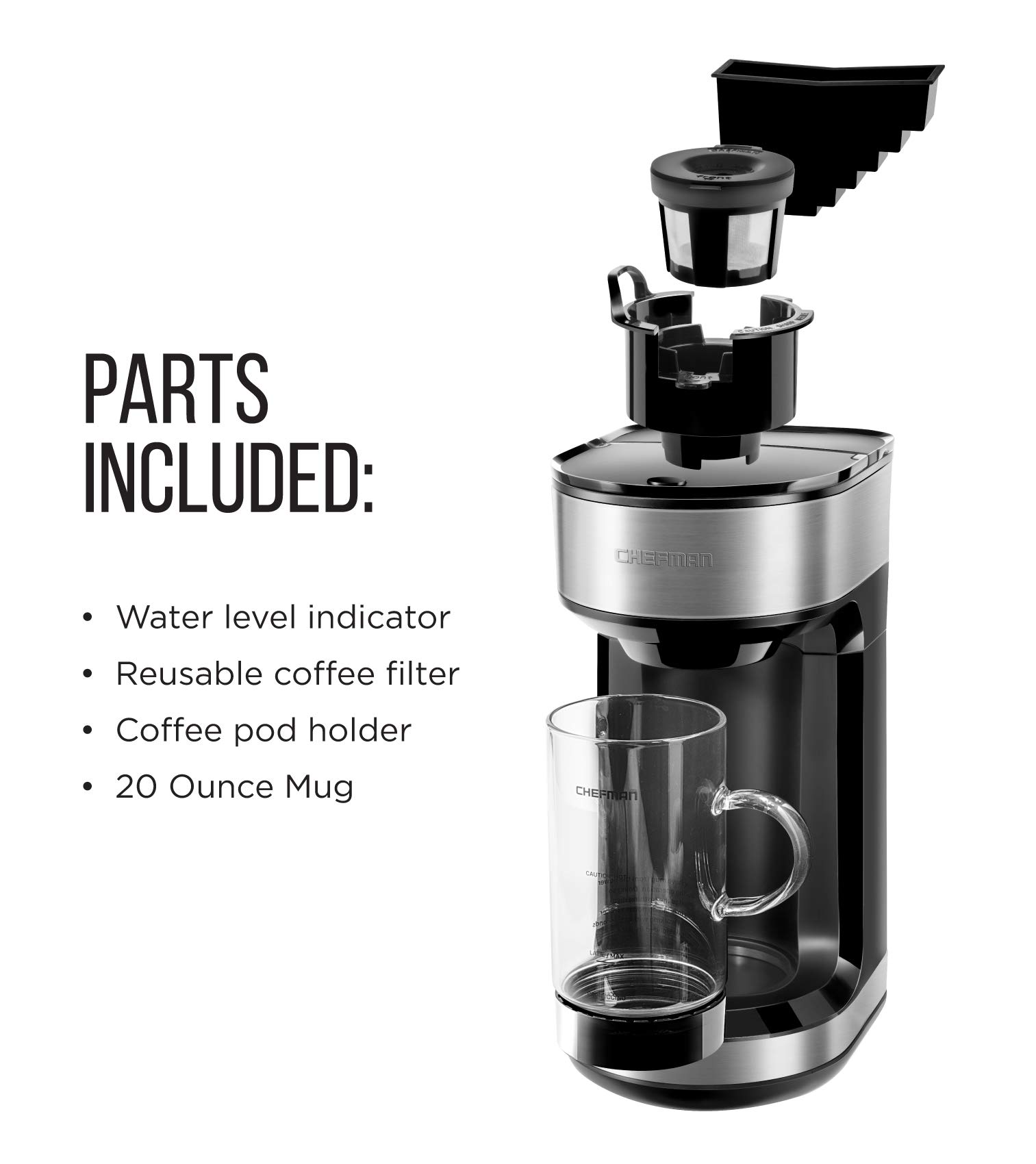 Chefman Froth + Brew Coffee Maker and Milk Frother Single Serve Brewer for K-Cup Pods & Grounds for Latte and Cappuccino Style Drinks, Compact 20 oz. Glass Mug and Reusable Filter Included, 21 oz