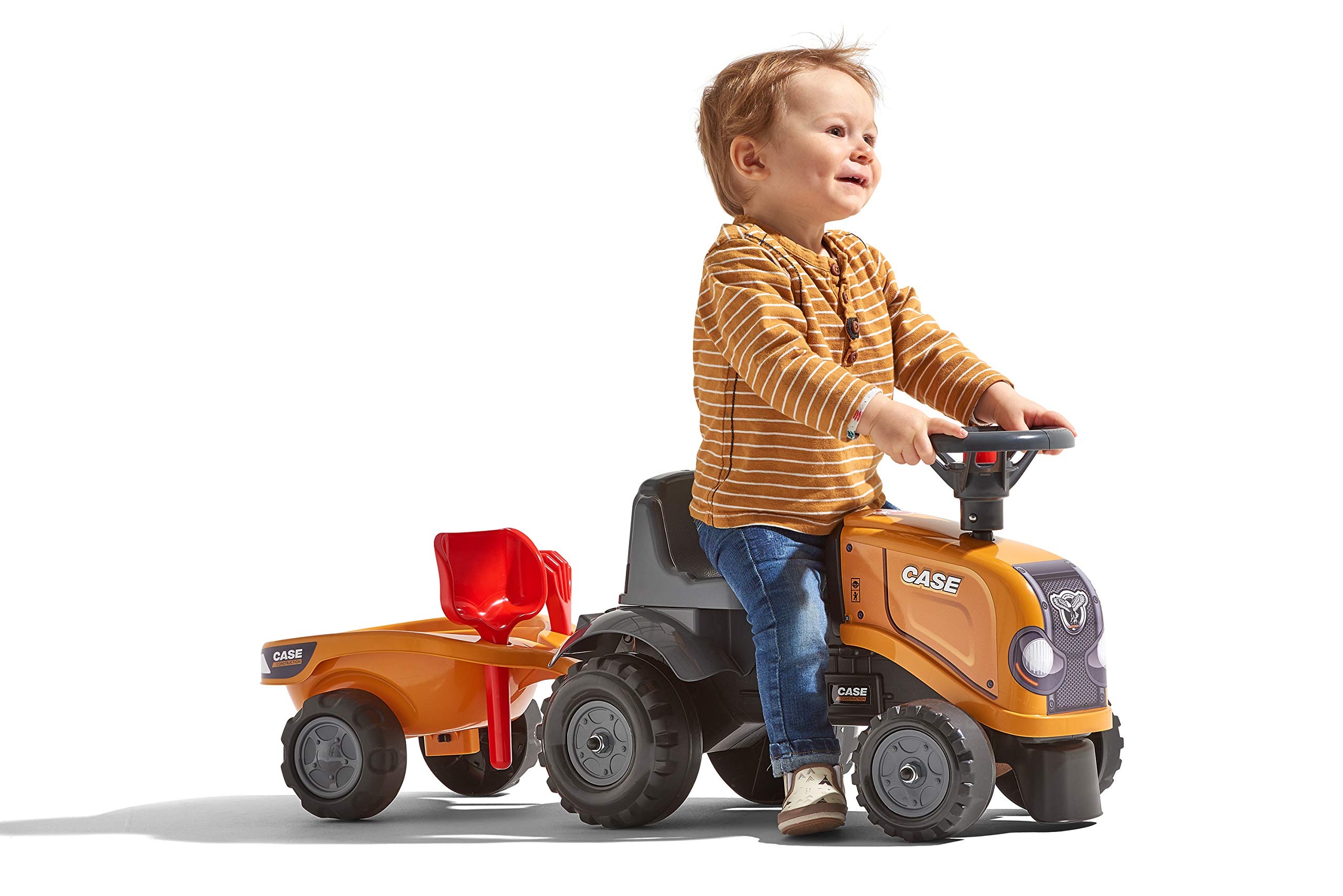 Falk Case CE Tractor with Trailer, Rake and Shovel, Rake and Shovel, 2 Sets of Stickers, Push Ride-On Toy for Toddlers +1 Year FA297C