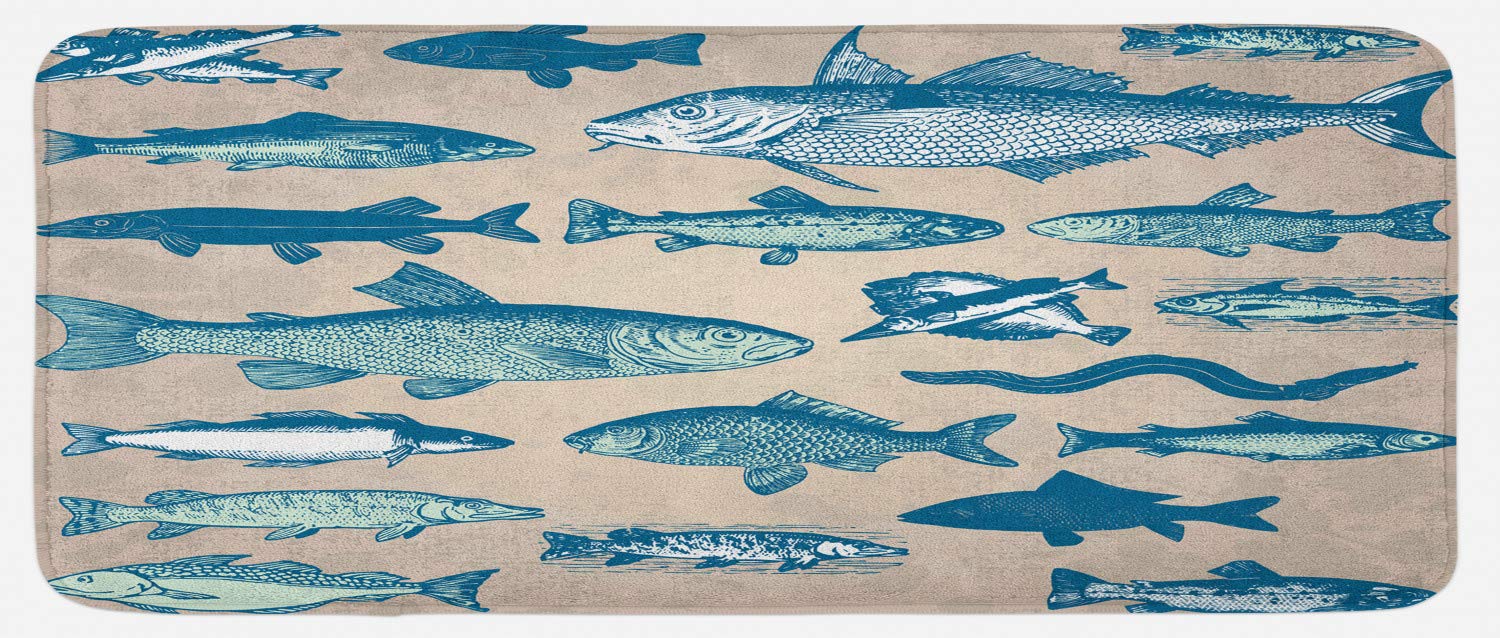 Ambesonne Fish Kitchen Mat, Vintage Style Group of Various Different Fish Animals Seafood Theme Grunge Effect, Plush Decorative Kithcen Mat with Non Slip Backing, 47" X 19", Taupe Navy