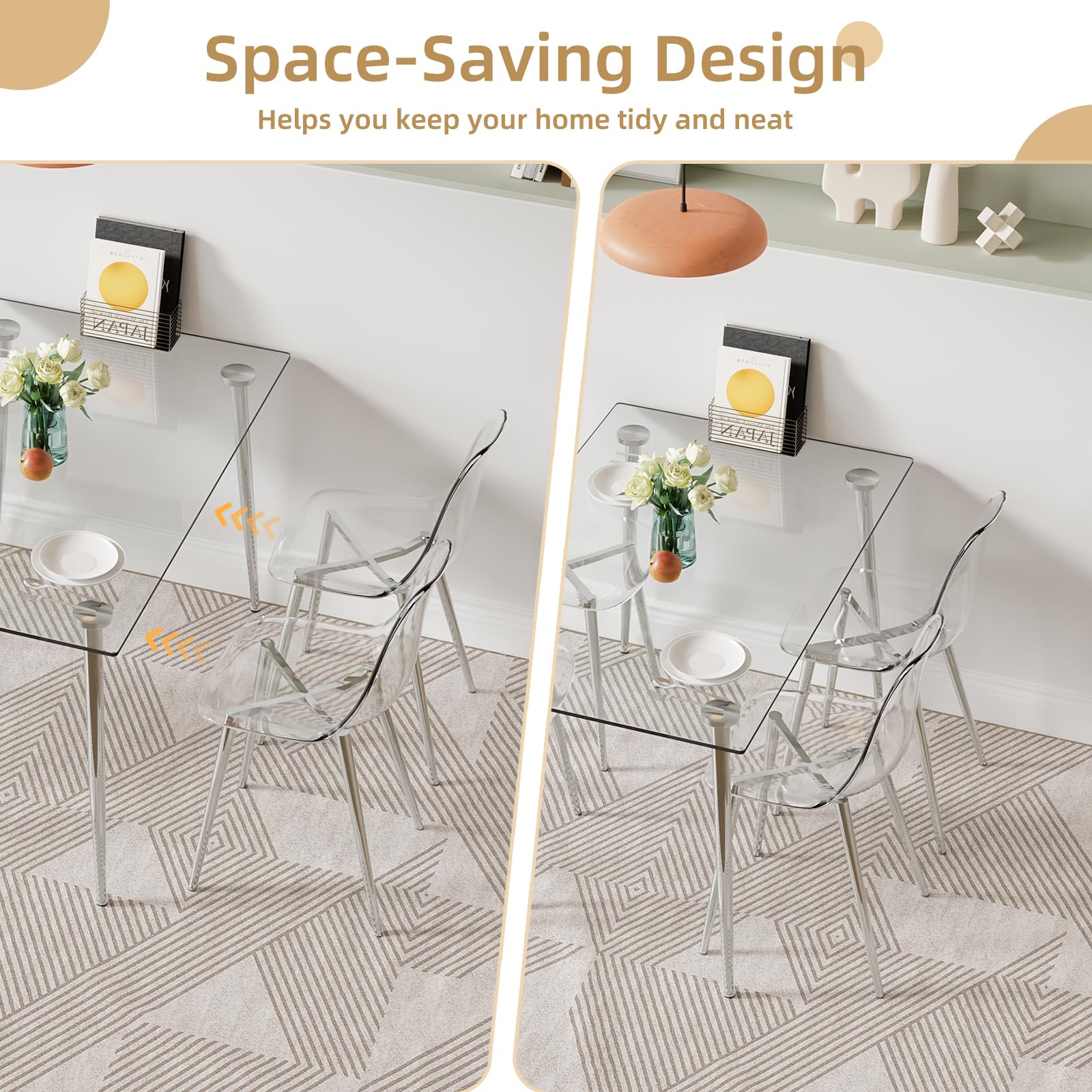ARCLIS Glass Dining Table Set for 4, Kitchen Table and Chairs for 4, Modern Glass & Metal Rectangular Dining Room Table with Acrylic Chairs for Small Space, Apartment, Breakfast, Dinette