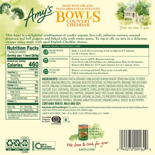 Amy's Frozen Meals, Country Cheddar Pasta Bowl, Made With Organic Pasta, Broccoli and Potatoes, Microwave Meals, 9.5 Oz