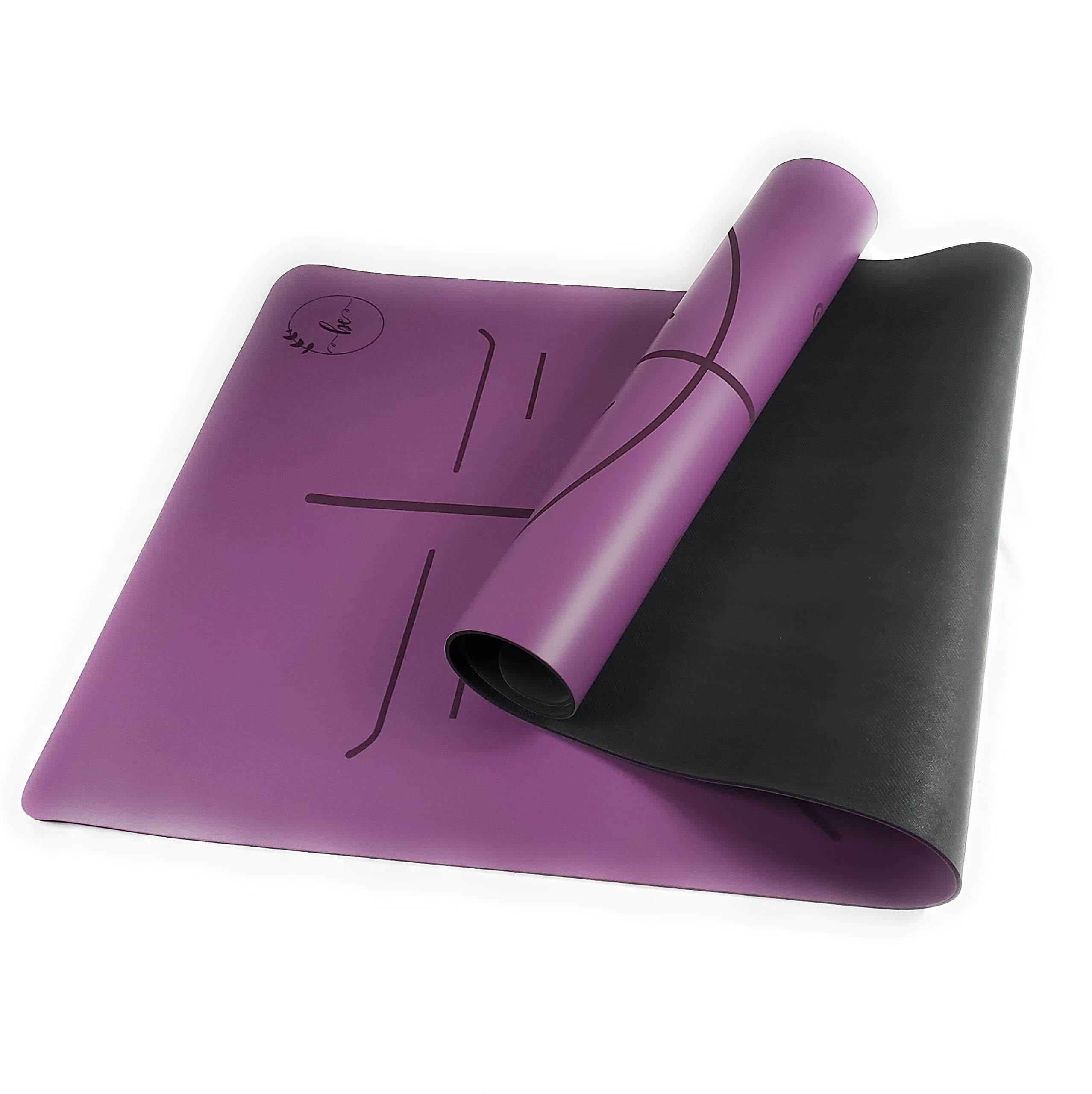 BE Yoga Mat 5mm Thick Premium Yoga Exercise Mat with Carry Strap, ARC Alignment Dry Grip Pro Technology Moisture Wicking 100% Polyurethane Leather Top and NonSlip Rubber Bottom for Hot Yoga,