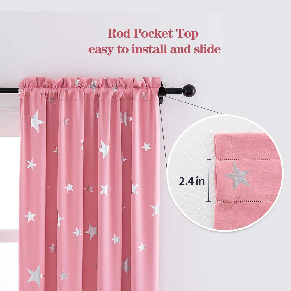 Anjee Kids Blackout Curtains for Girls Room with Foil Print Star Pattern Window Drapes for Bedroom, 38 x 45 Inches, Pink