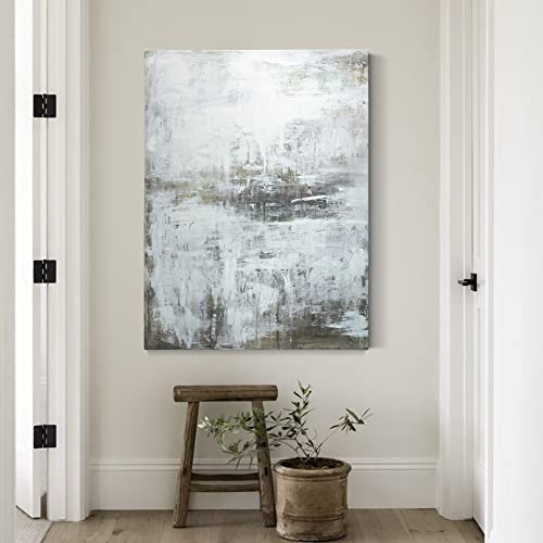 ArtbyHannah 24x32 inch Rustic Abstract Oil Paintings Wall Art with Hand Painted Textured and Aged White, Vertical Canvas Wall Art for Living Room Decor