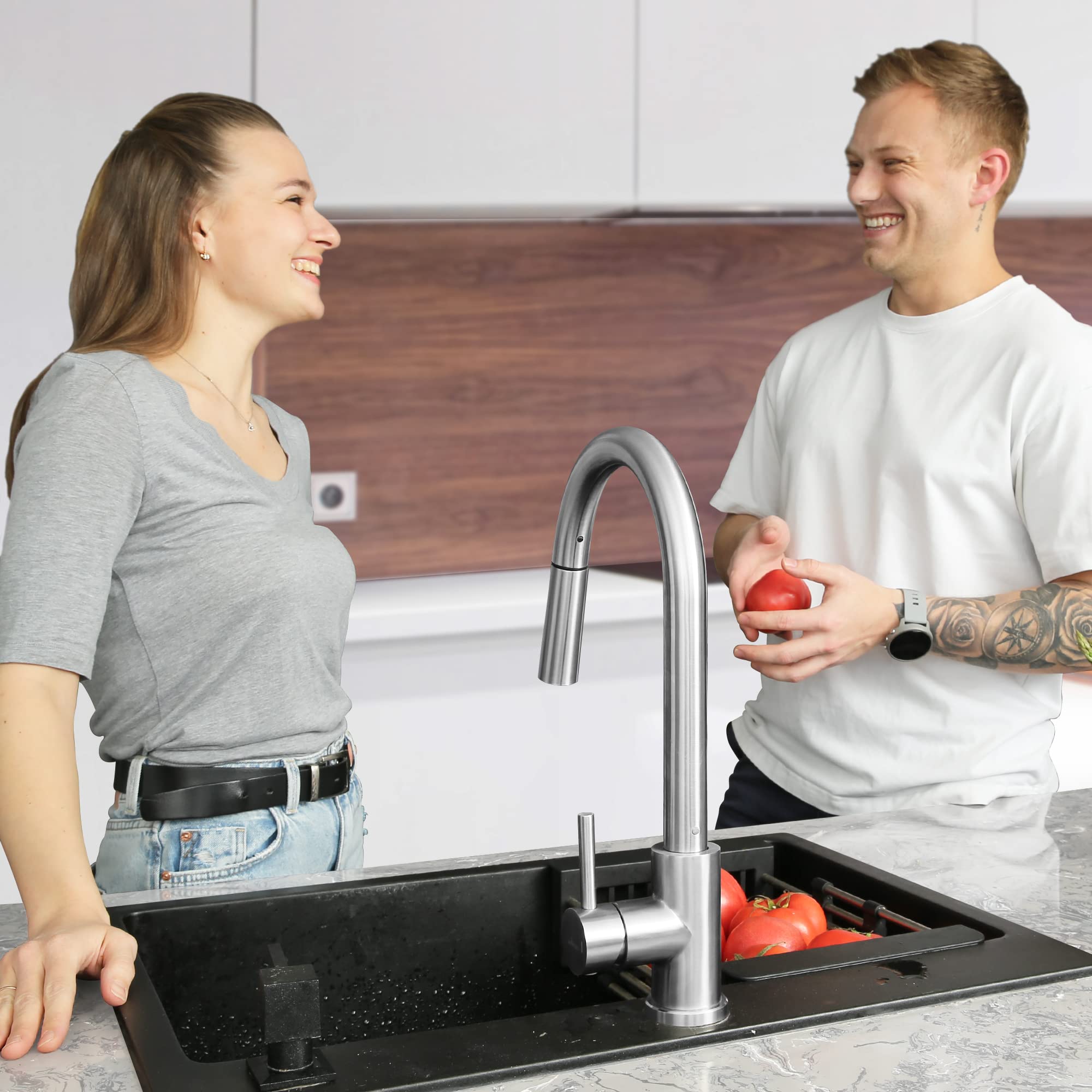 APPASO Kitchen Faucet with Pull Down Sprayer Brushed Nickel, Single-Handle High Arc Swan-Neck Modern Kitchen Sink Faucet with Optional Deck Plate Stainless Steel, Silver