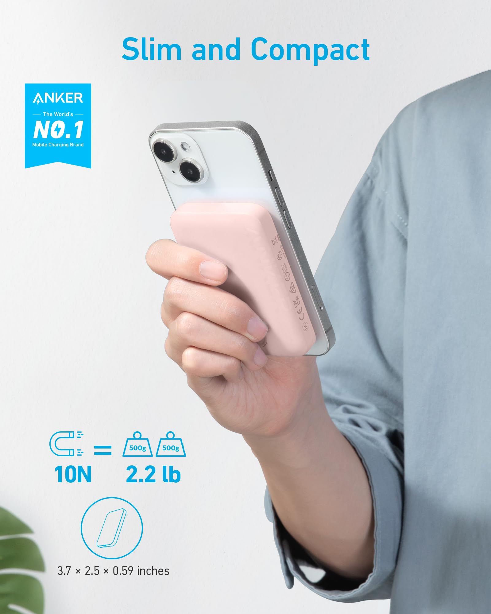 Anker 321 MagGo Battery (PowerCore Magnetic 5K), 5,000mAh Magnetic Wireless Portable Charger, Compatible with iPhone 15/15 Plus/15 Pro/15 Pro Max, iPhone 14/13/12 Series (Pink)