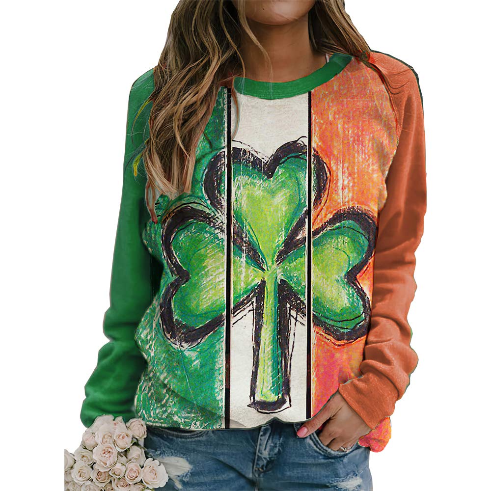 Akivide Women's Irish St. Patrick's Day Shamrock Sweatshirt Long Sleeve Clover Leaf Shamrock Love Patchwork Shirt for Women